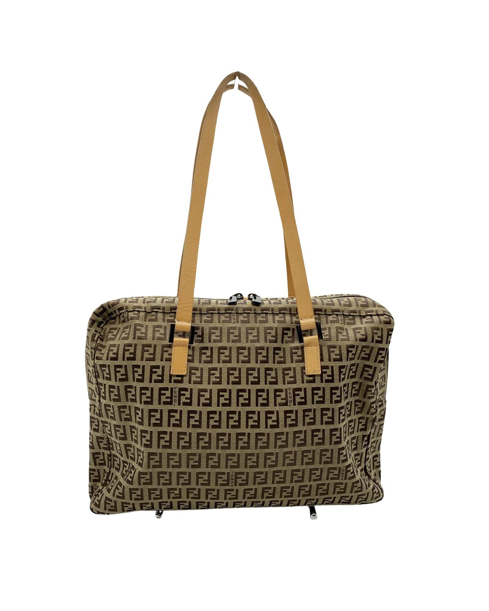 Fendi Iconic Canvas Shoulder Bag with Interlocking FF Logo Pattern ...