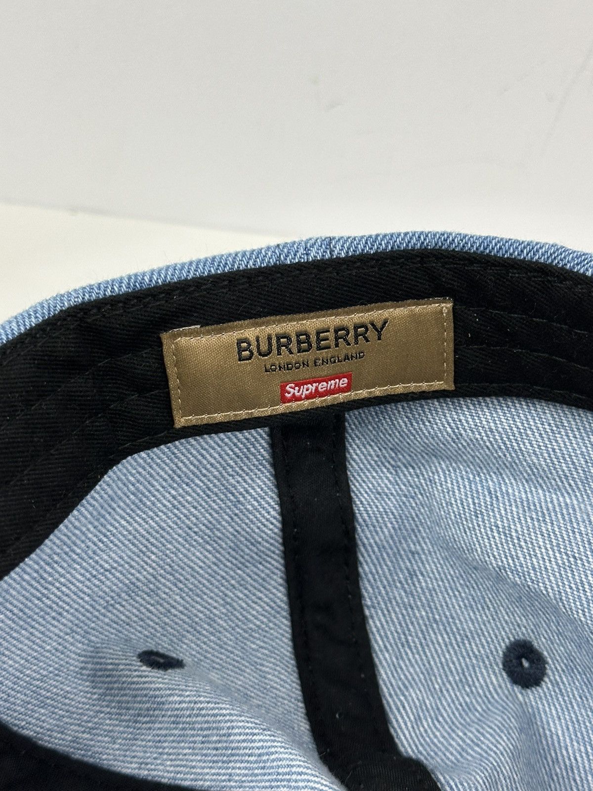 Supreme Burberry Supreme Center Logo Denim Baseball Cap Hat Blue | Grailed