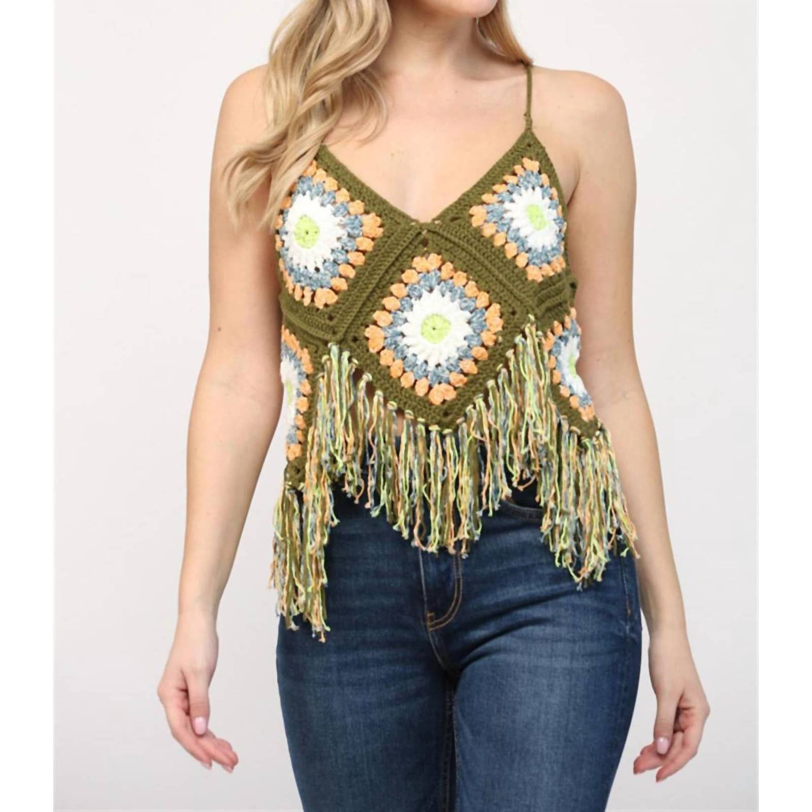 Designer FATE Pointed Fringe Bottom Hem Crochet Tank In Olive Multi ...