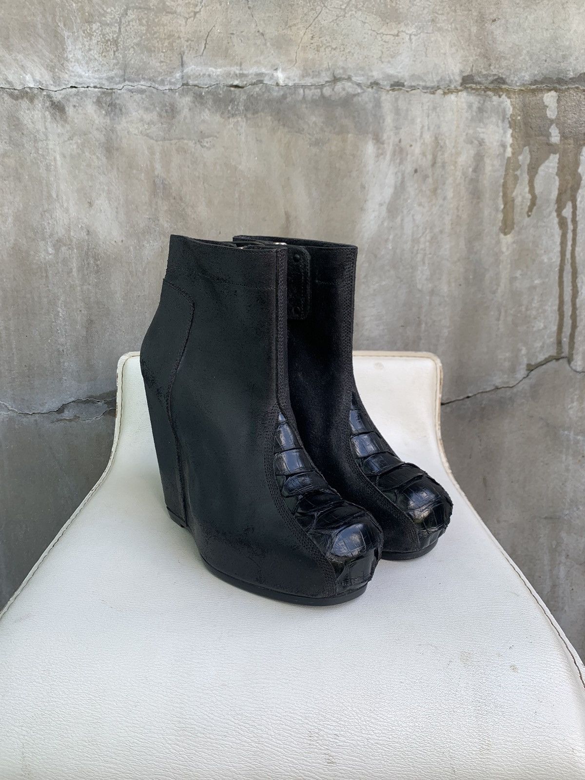 Rick Owens RUNWAY 1/1 Reverse Leather Croc Platform Wedge Boots | Grailed