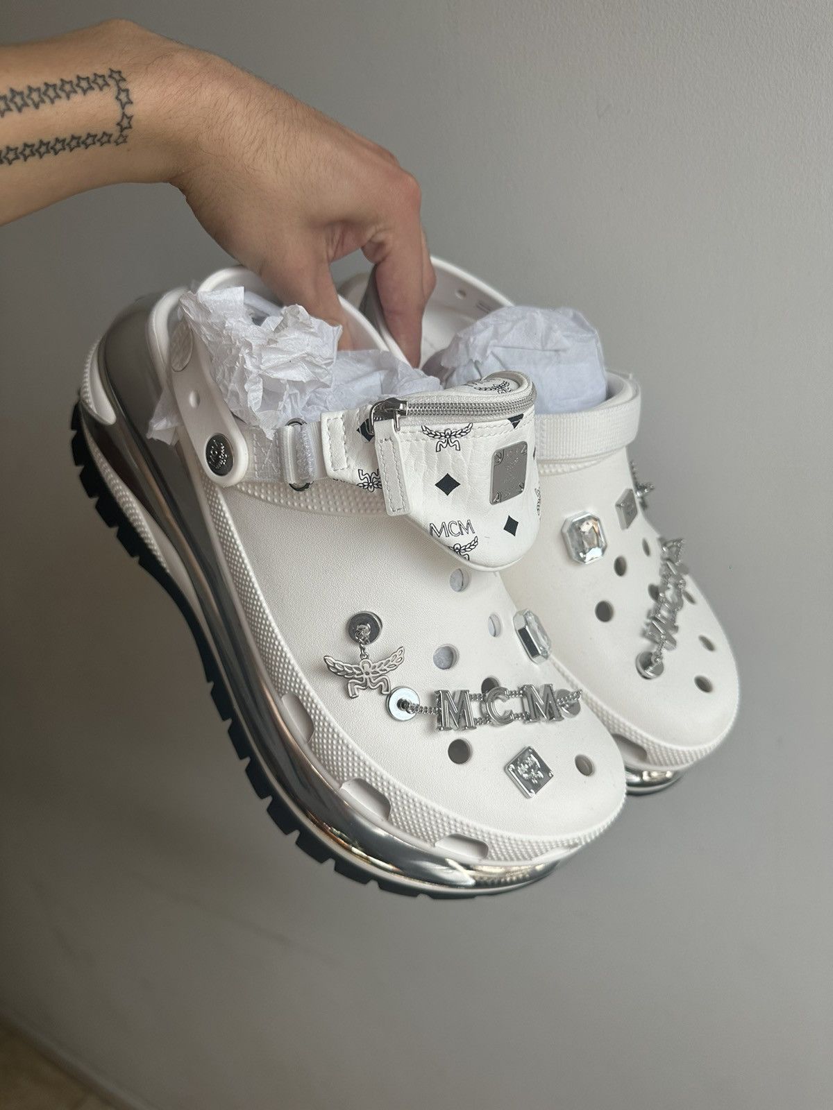 Crocs × MCM MCM Crocs Mega Crush Clog White/Silver w/ Bag | Grailed