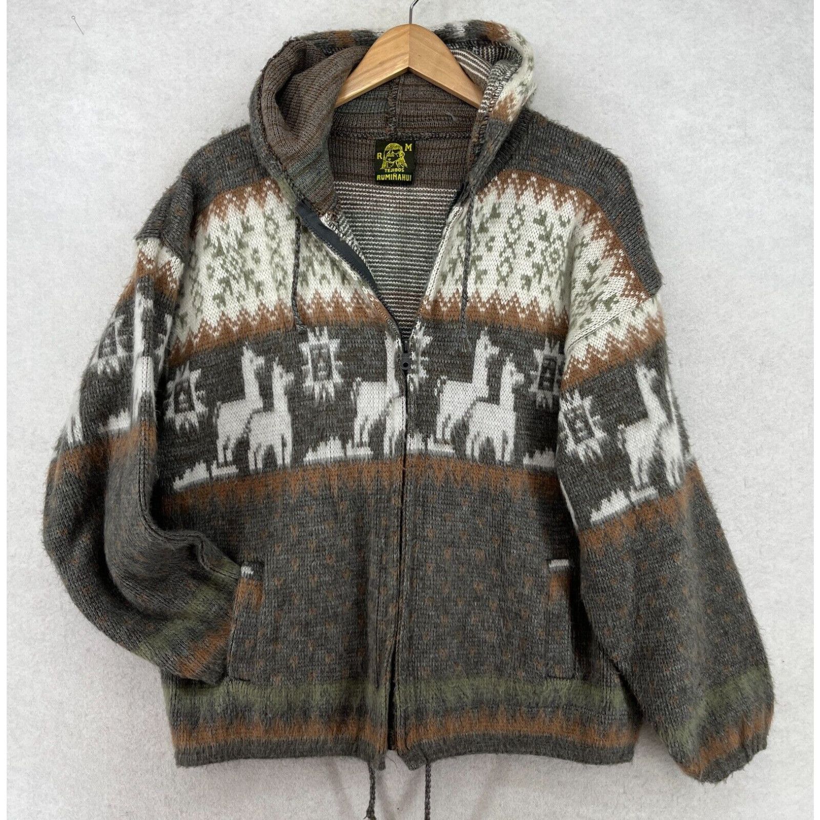 Vintage TEJIDOS RUMIÑAHUI Sweater Mens M Wool Southwestern Llama Hoodie ...