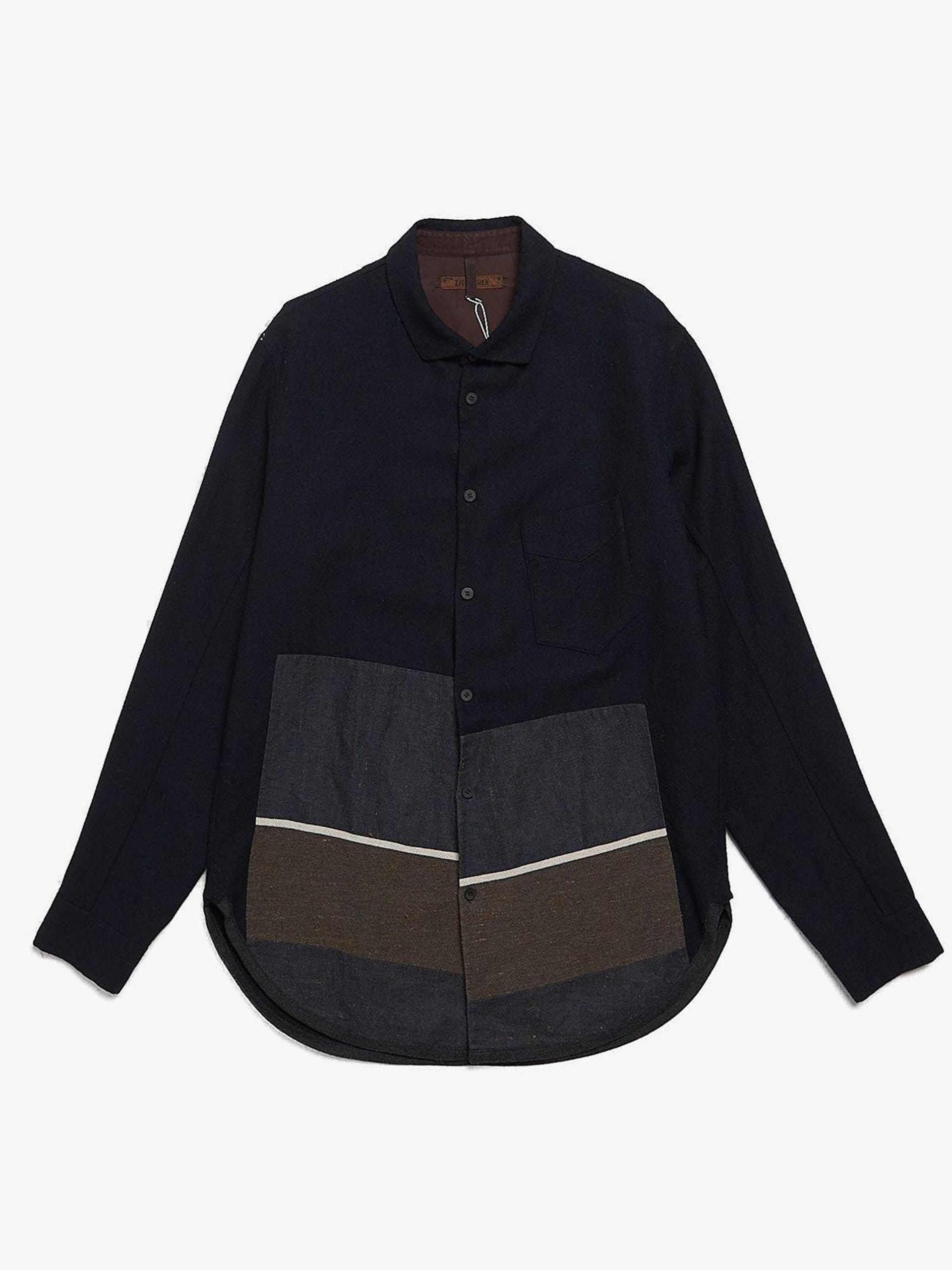 Ziggy Chen Navy and Brown Patchwork Detailed Light Wool Coat | Grailed