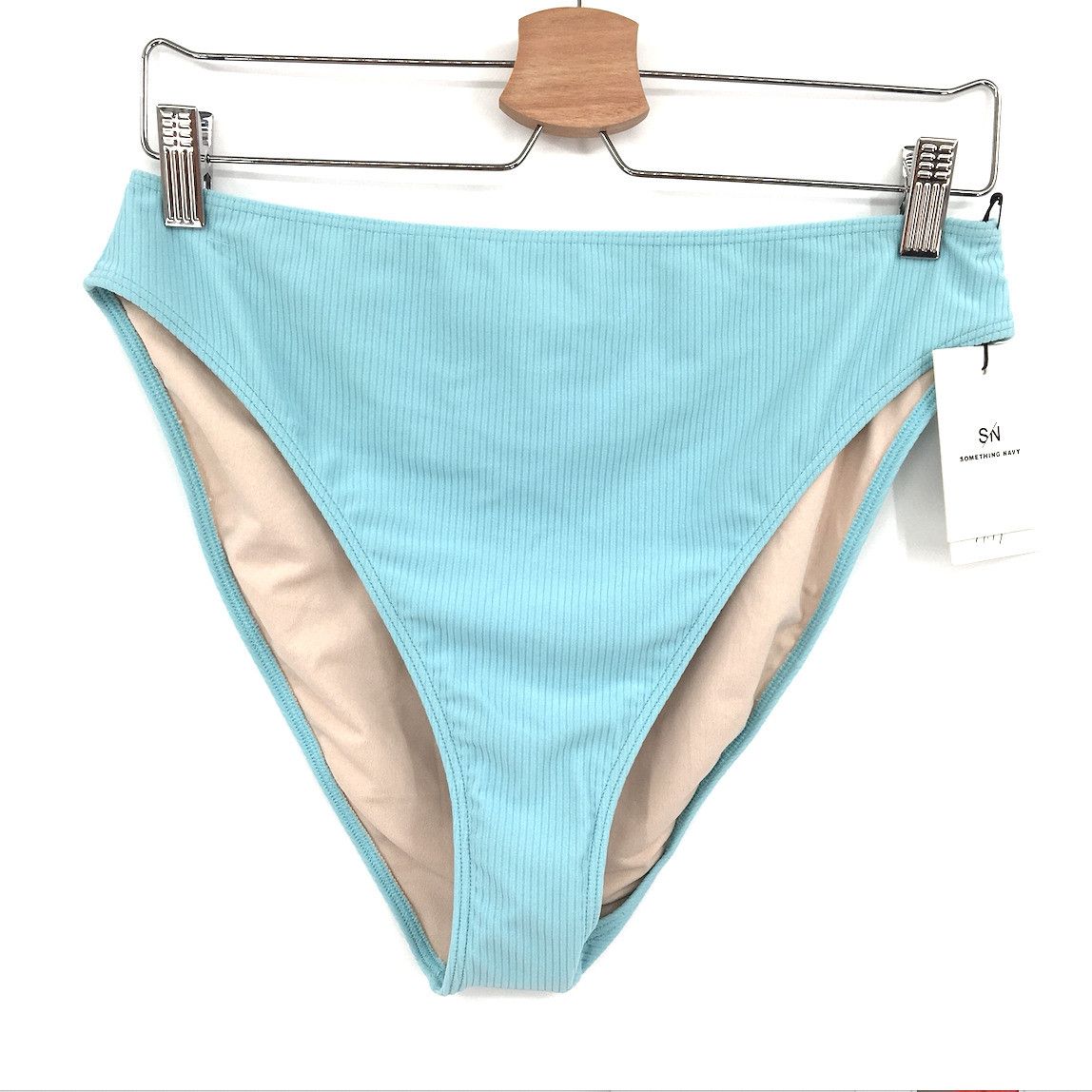 Vintage Something Navy Bikini Bottoms Aqua Blue High-cut Rib-knit High ...