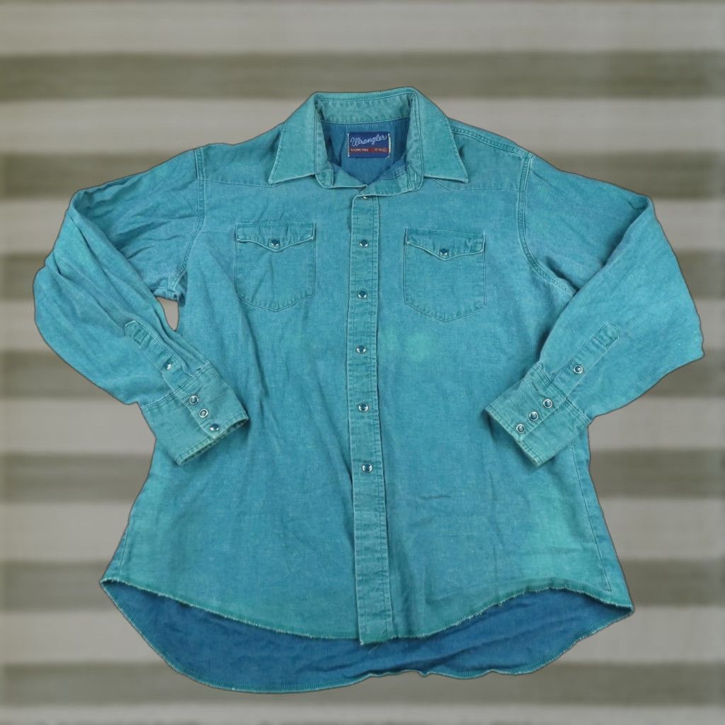 Wrangler VINTAGE Wrangler Shirt Mens Large Blue Denim Long Sleeve Snap ...