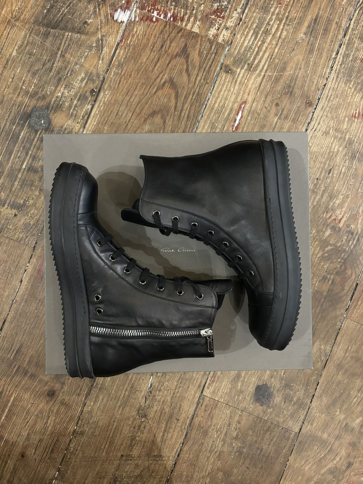 Rick Owens Rick Owens High-Top Triple Black Leather Ramones | Grailed