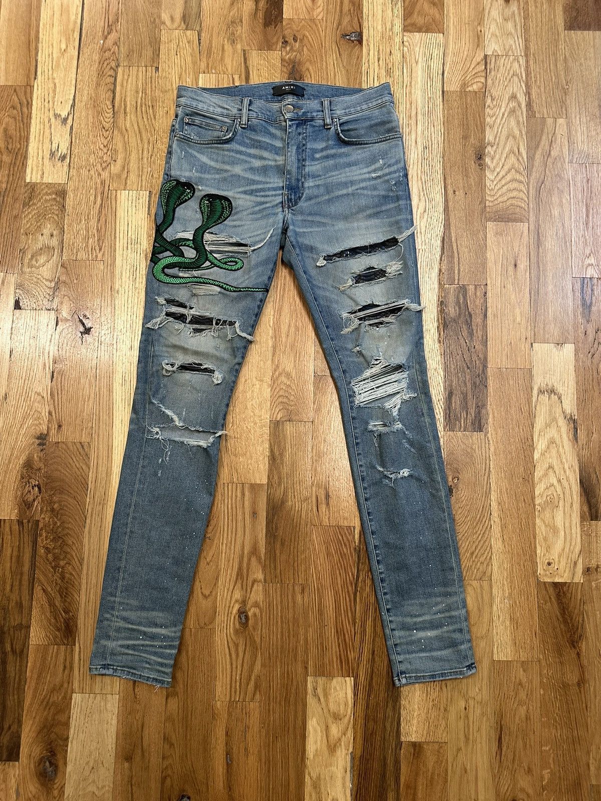 Amiri Amiri MX1 Snakeskin Kobra Patch Blue Denim Jeans Size 34 | Grailed