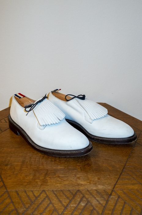Thom Browne Off-white nubuck leather dress shoes with removable kiltie ...