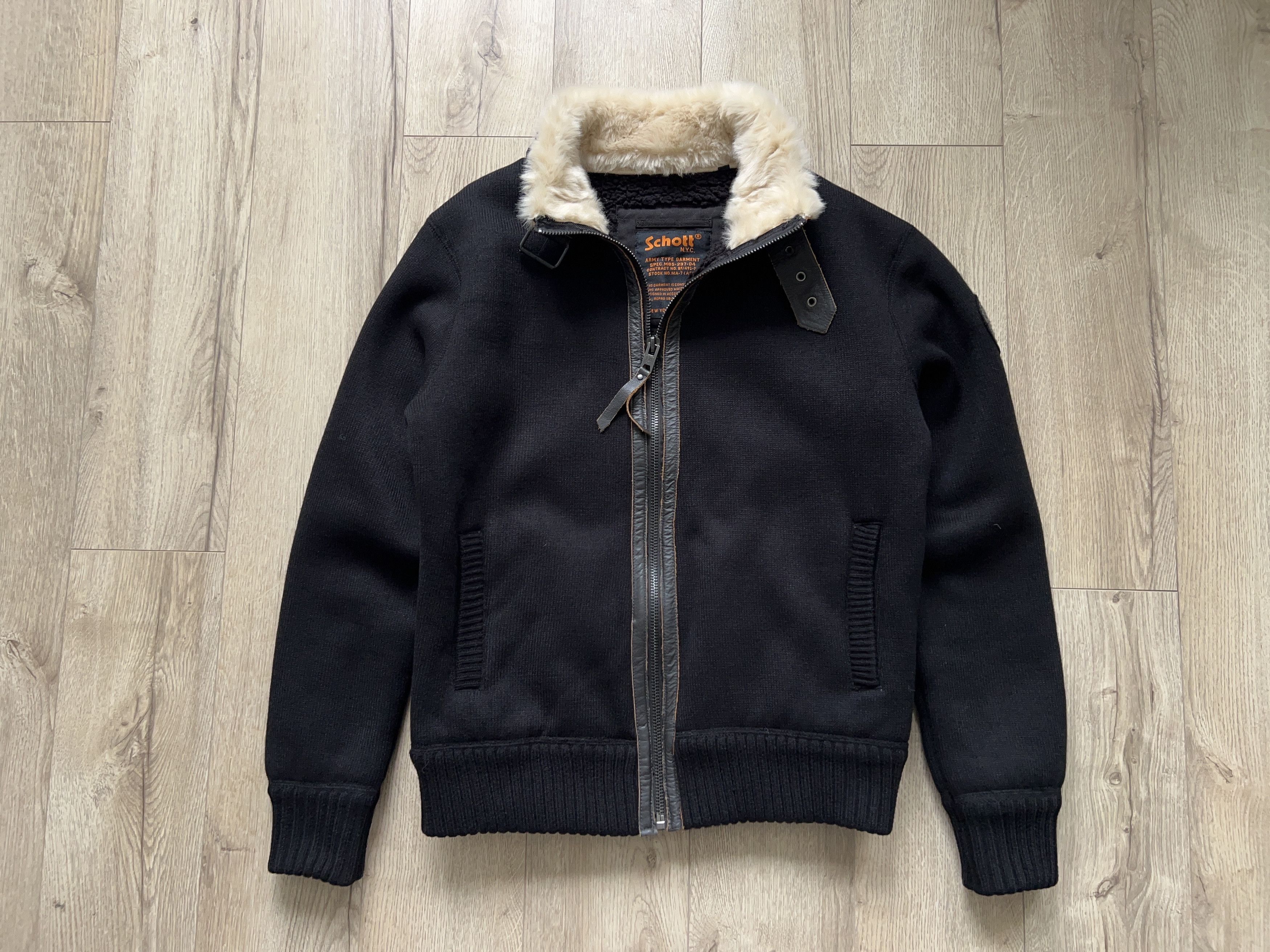 Schott NYC Fleece Pile Jacket Black Full Zip Sweater Acrylic Army | Grailed