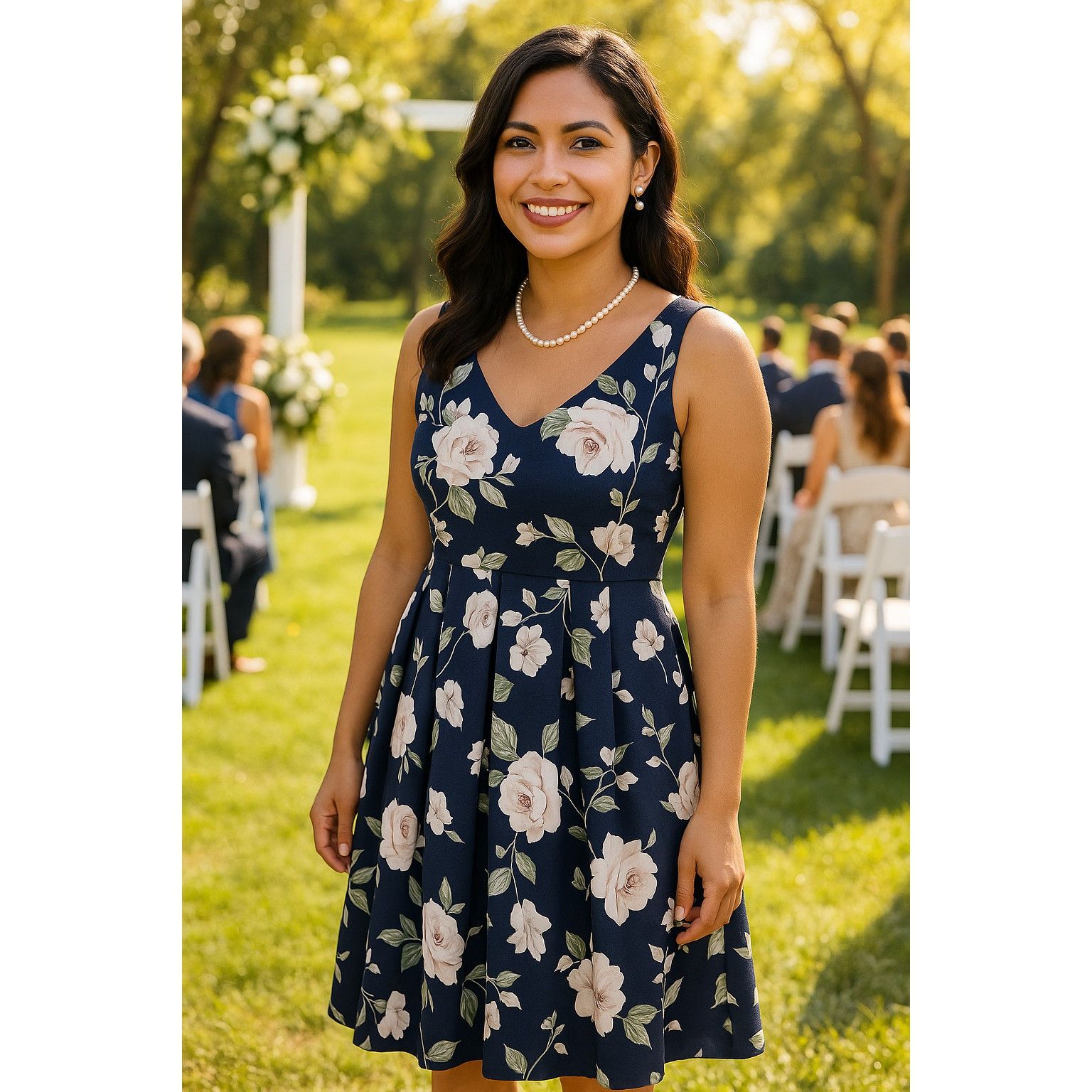 Designer Puella Anthropologie Blue Fit & Flare Dress S 4-6 White Flor ...