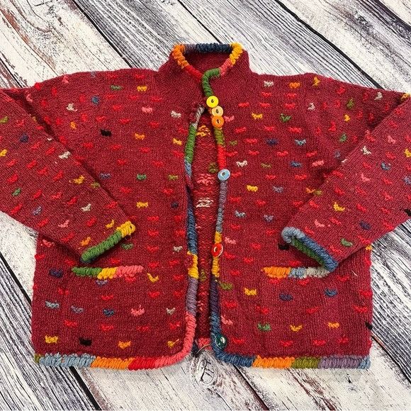Vintage Vintage Amano 100% Wool Funky Knit Cardigan Multicolor Sweat ...