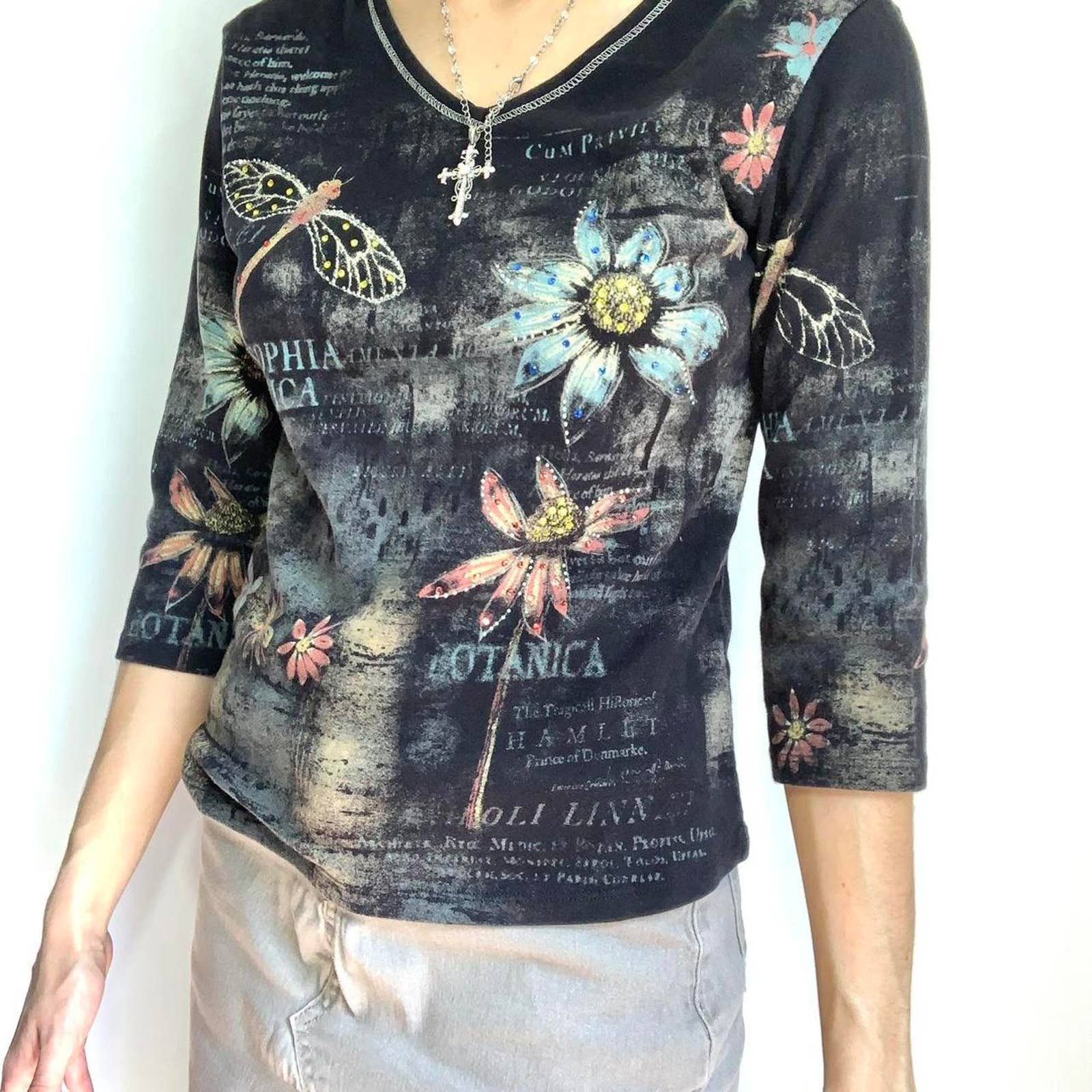 Other Vintage Y2K Era Black Shirt with Dragonfly/Floral Design | Grailed