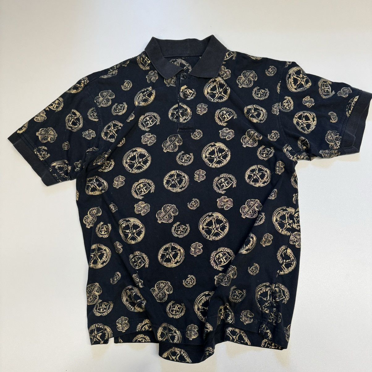 Art Y2K Hip Hop Rims & Dollar Signs Gold Metallic Polo | Grailed