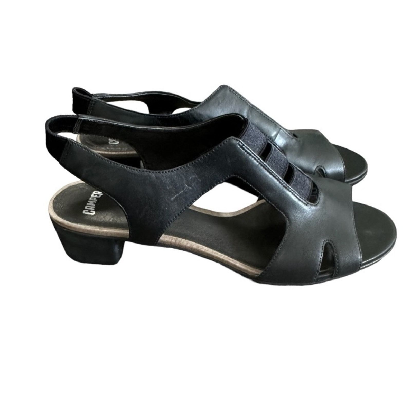 Camper Camper Black Leather Slingback Low High Heel Sandals Size 40 ...