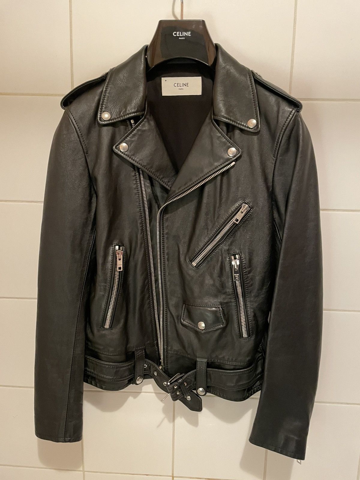 Celine × Hedi Slimane Classic leather biker jacket SS19 runway | Grailed