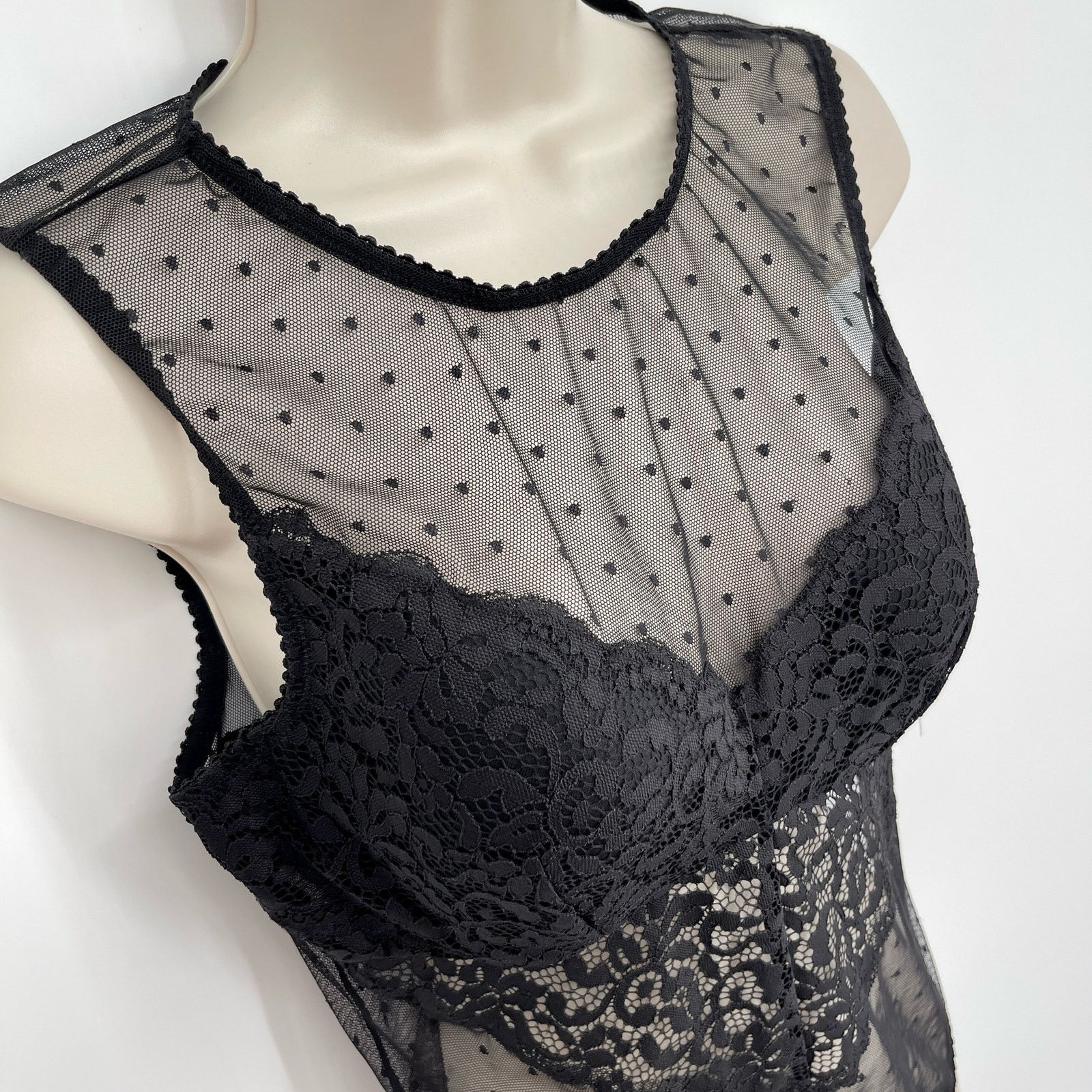 Inc INC NEW Lacy Sheer Cupped Swiss Dot Thong Bodysuit L Black | Grailed