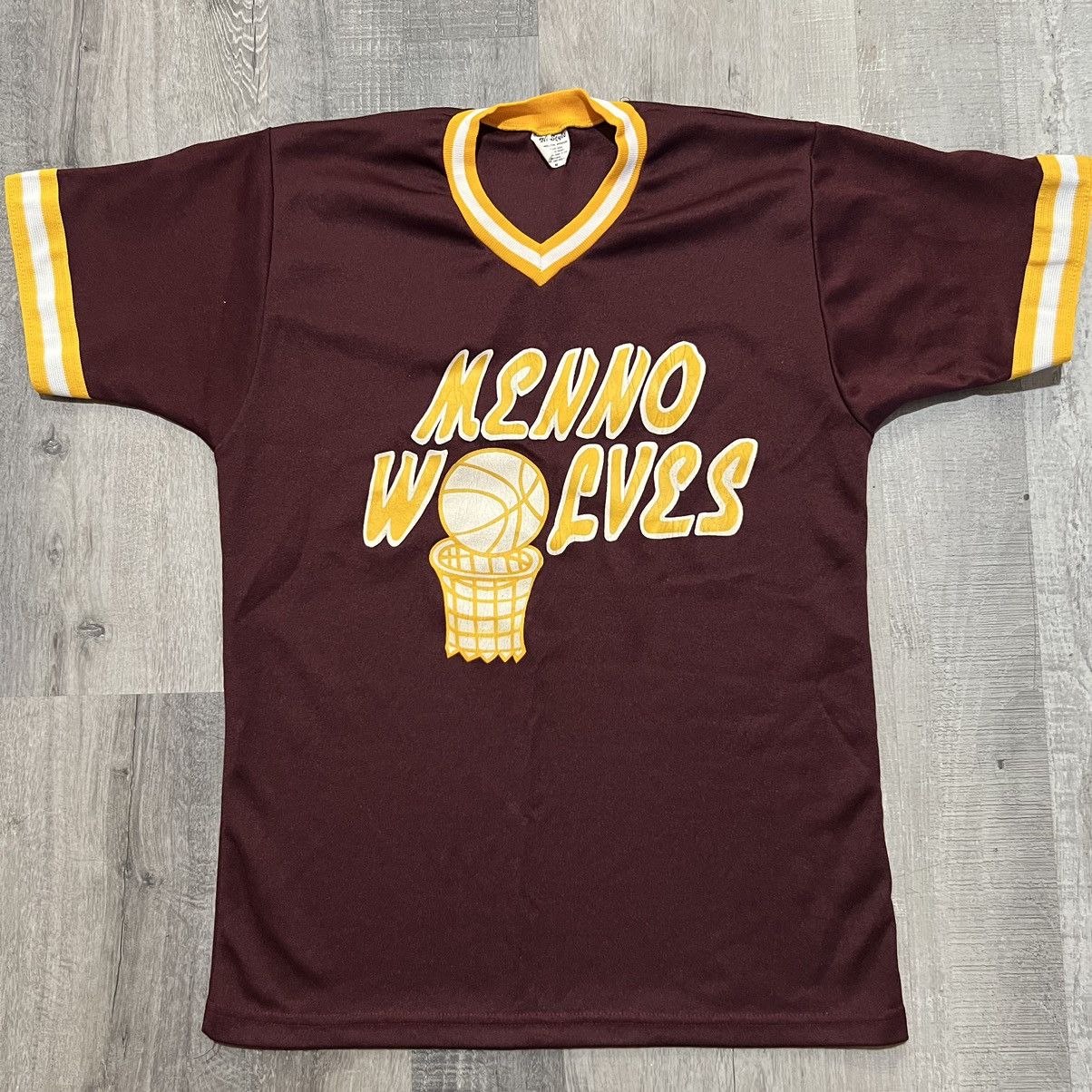 Jersey × Vintage VTG Menno Wolves 80s Red/Yellow Varsity Basketball ...