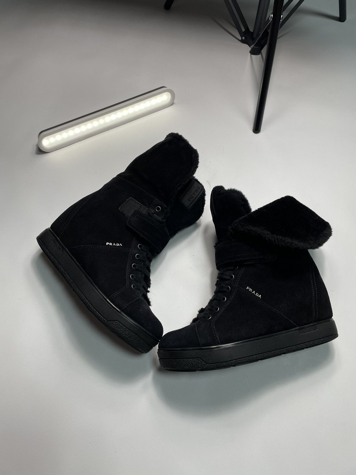 Isabel Marant × Prada Prada Milano Vitello Leather Fur Strap High Wedge ...