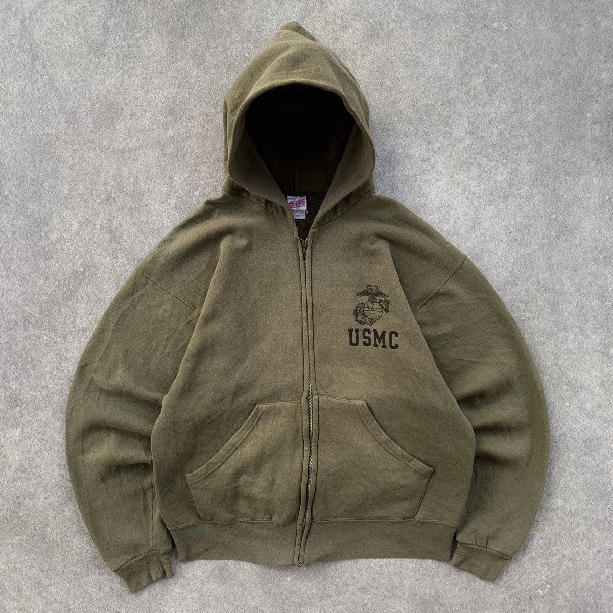 Streetwear × Usmc × Vintage 1990s Faded Olive Green Soffe USMC Zip ...