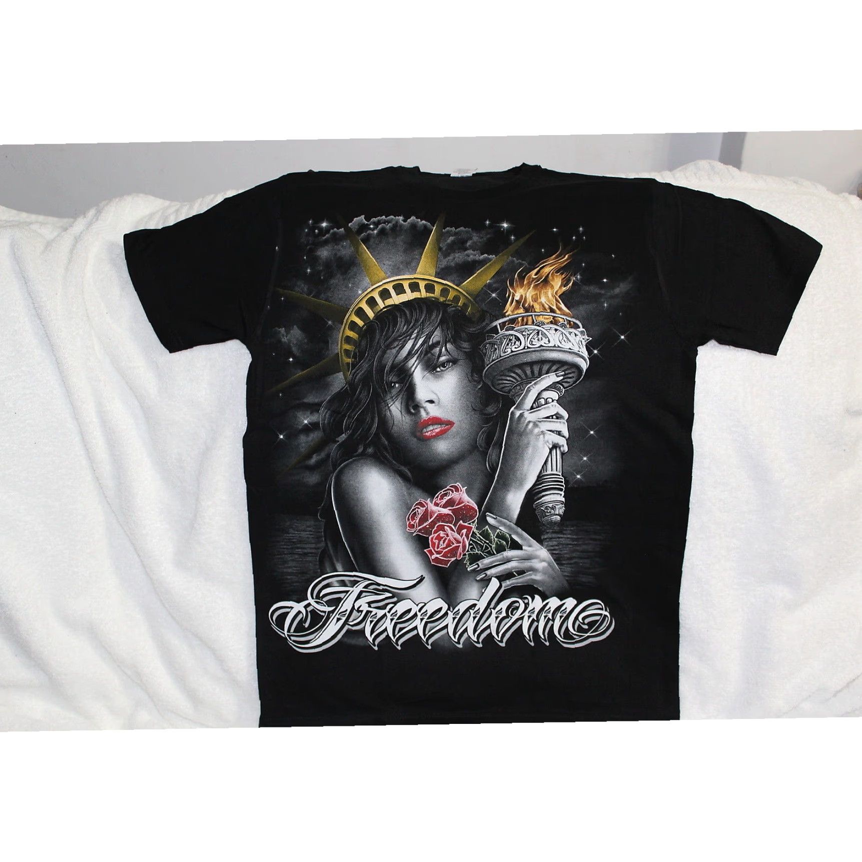 Vintage Freedom Lady of Liberty Embodied in Roses and Fire Graphic Tee ...