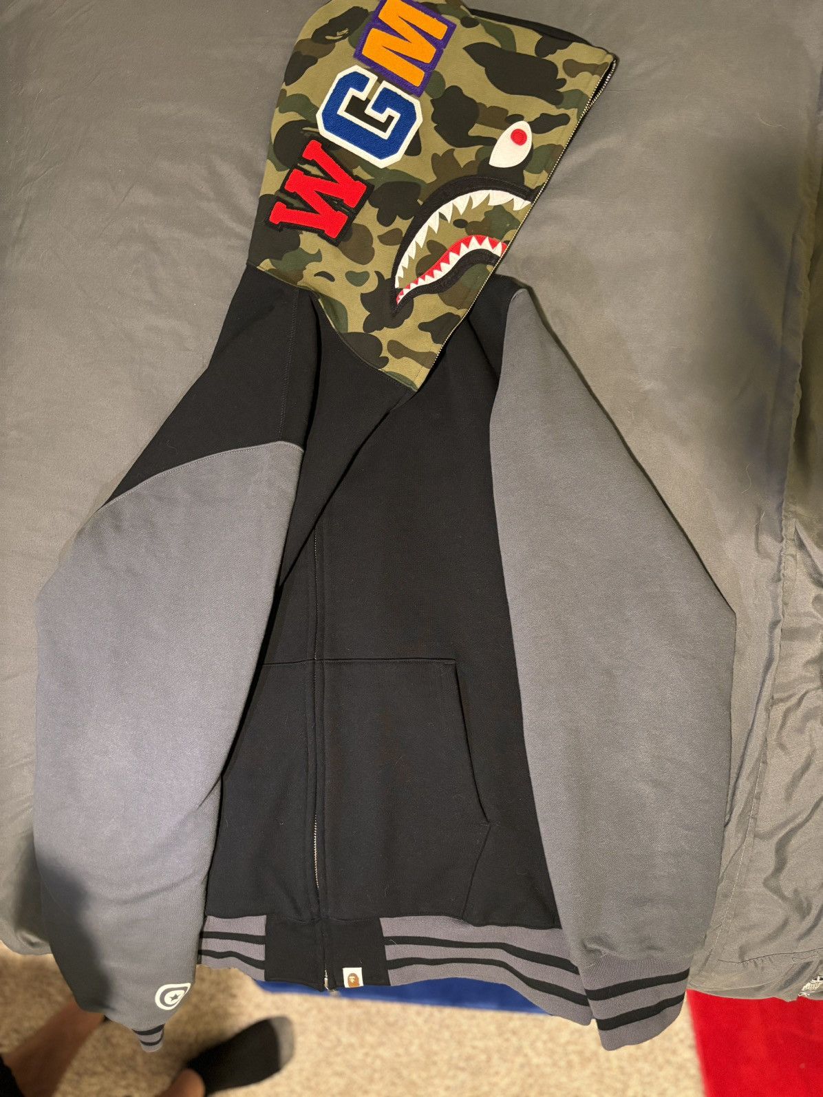 Bape SHARK HOODIE VARSITY JACKET | Grailed