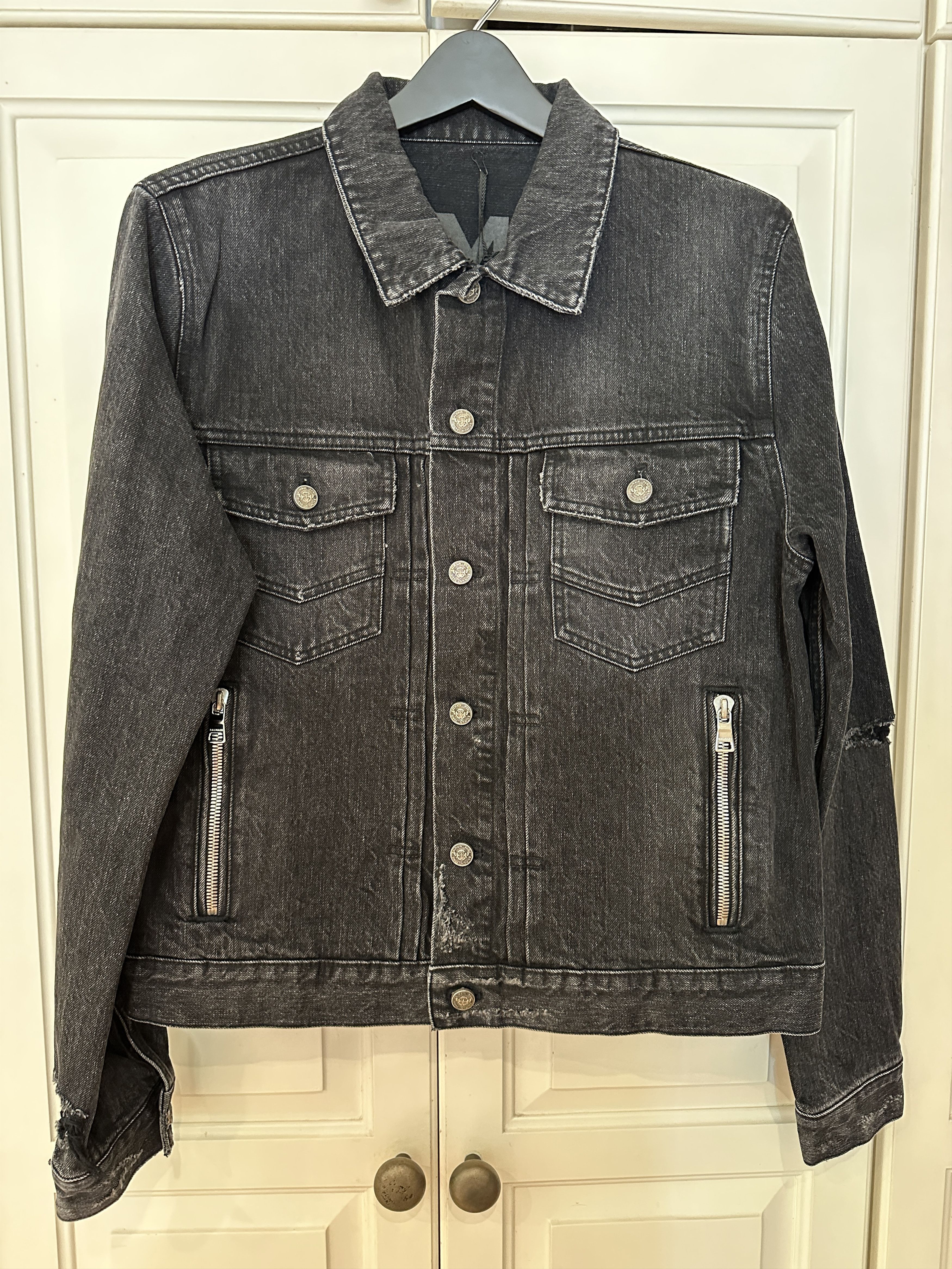 Balmain BALMAIN BLACK DISTRESSED DENIM PLEATED PLACKET JACKET | Grailed