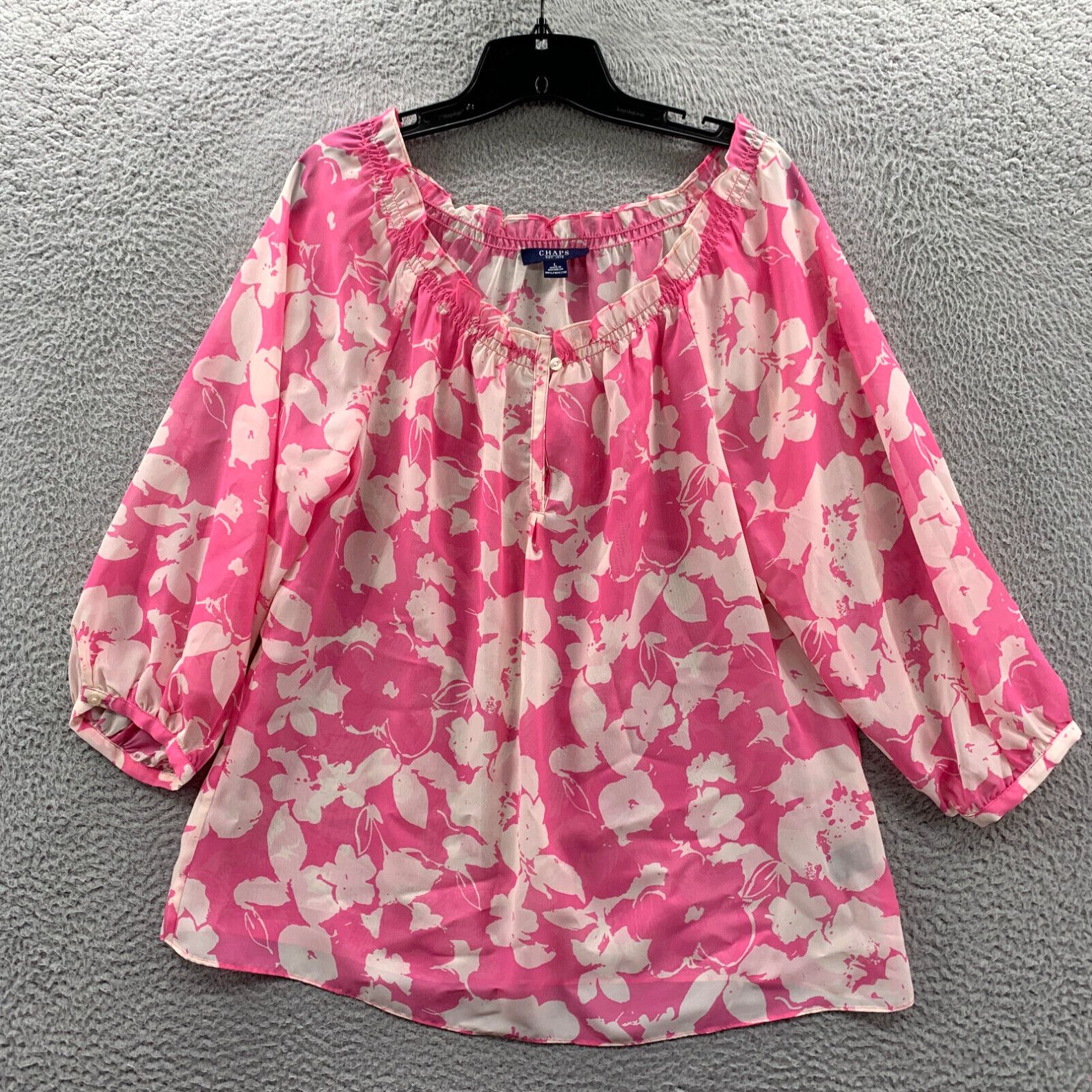 Chaps Chaps Blouse Womens Large Top Floral 3 4 Sleeve Sheer Pink White