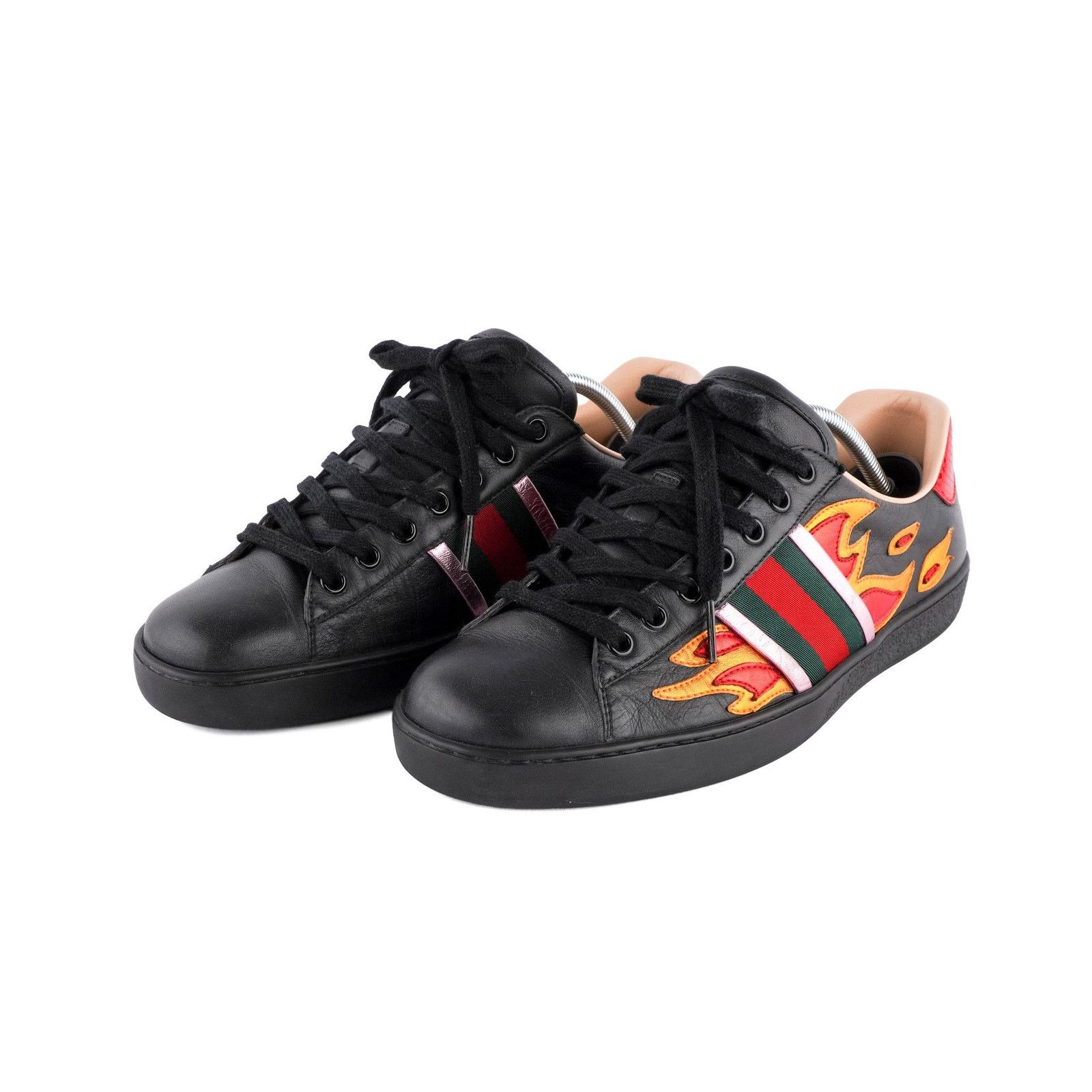 Gucci Gucci Ace Flame Embroidered Black Leather Sneakers | Grailed