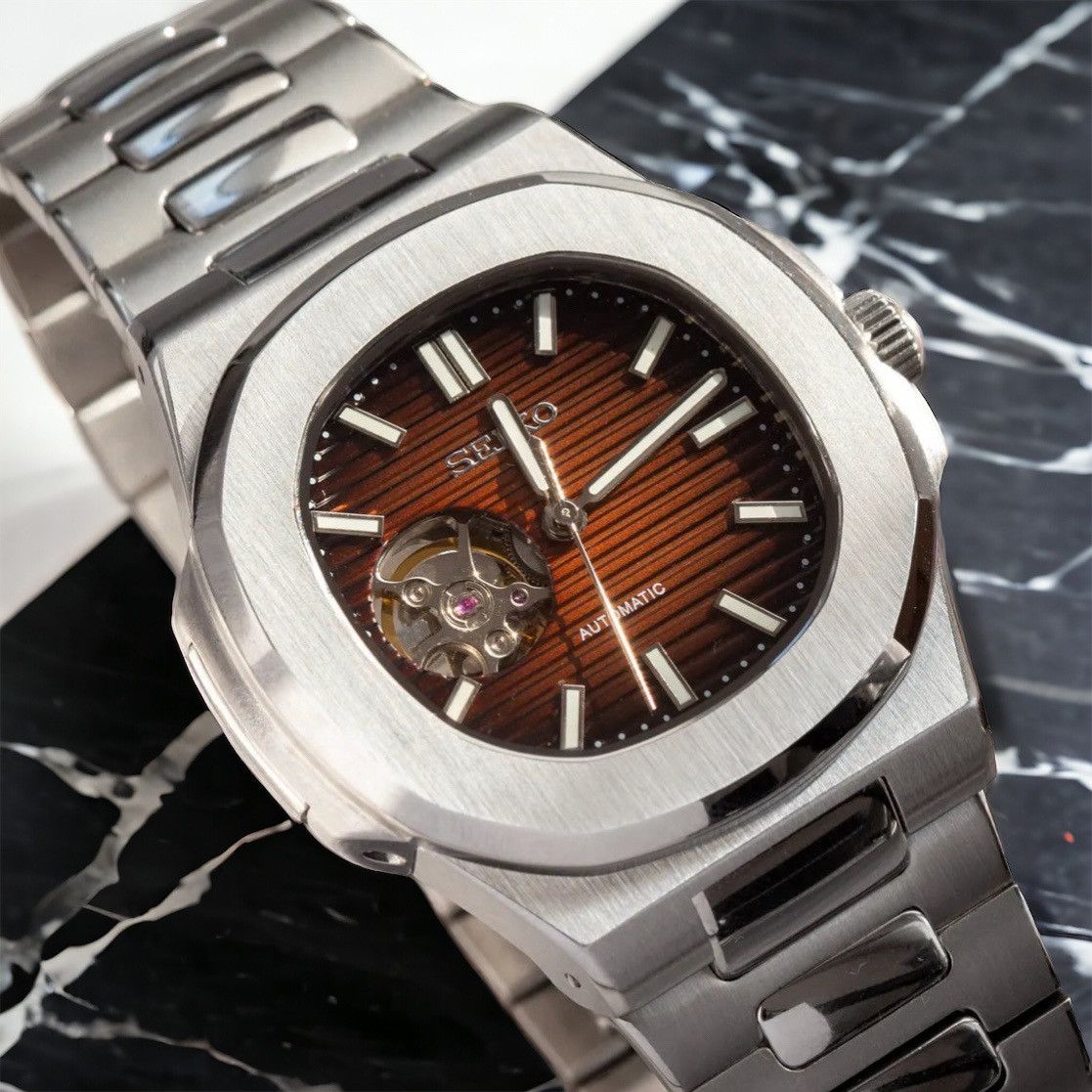 Japanese Brand × Seiko Seiko Mod NH35 Nautilus Brown Dial Steel Watch ...