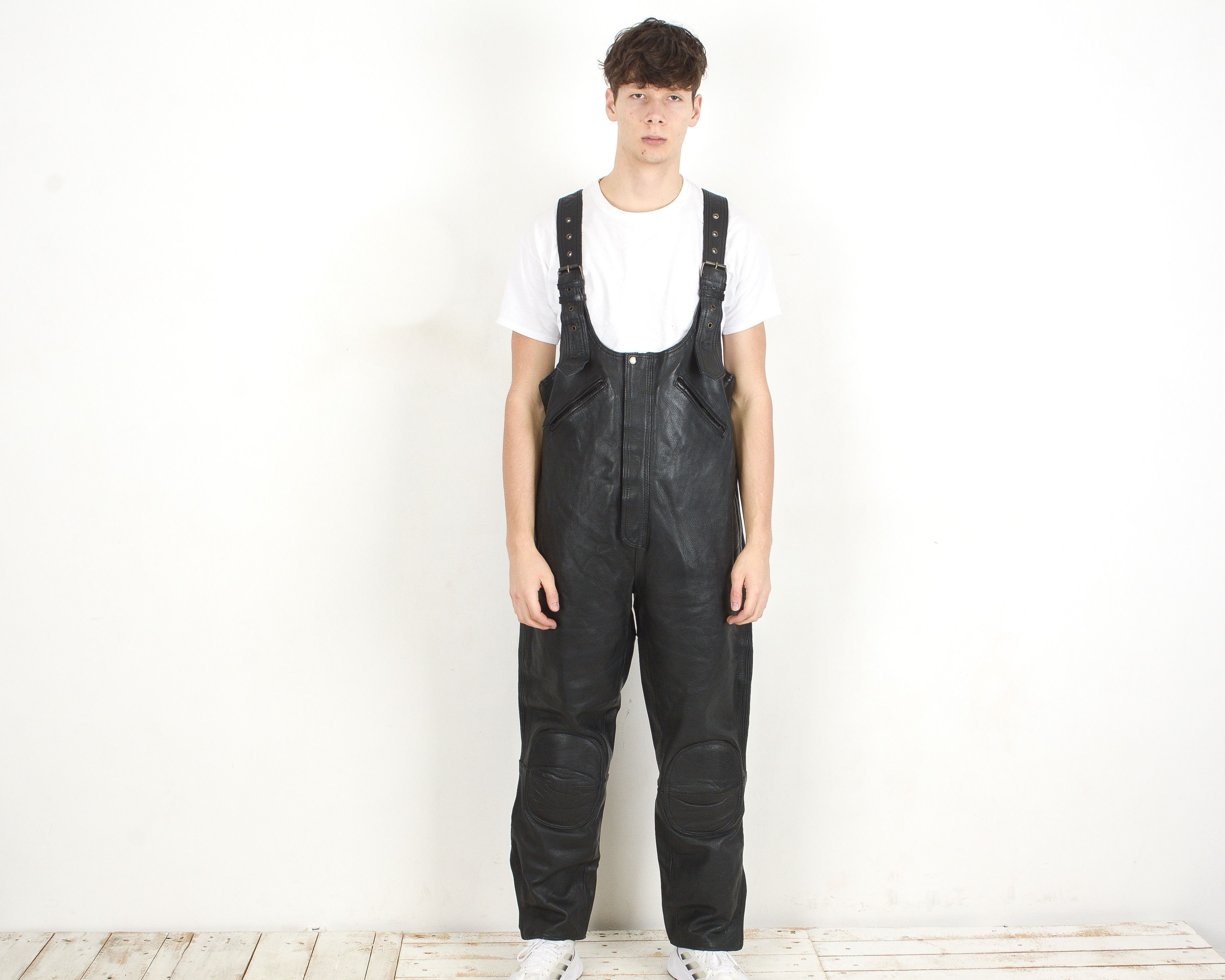 Leather × MOTO × Vintage Leather Biker Bibs Overalls XL Dungarees ...