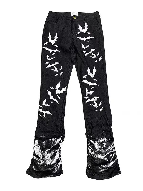 Japanese Brand Washed distressed pleated micro-flare bat-print jeans ...