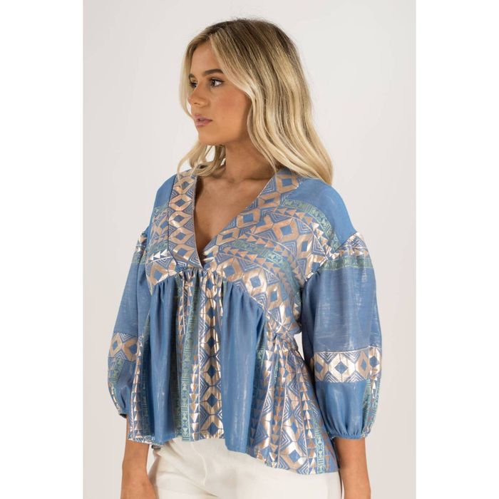 Kasil KASIA Iris v Neck Tunic In Gold/blue | Grailed