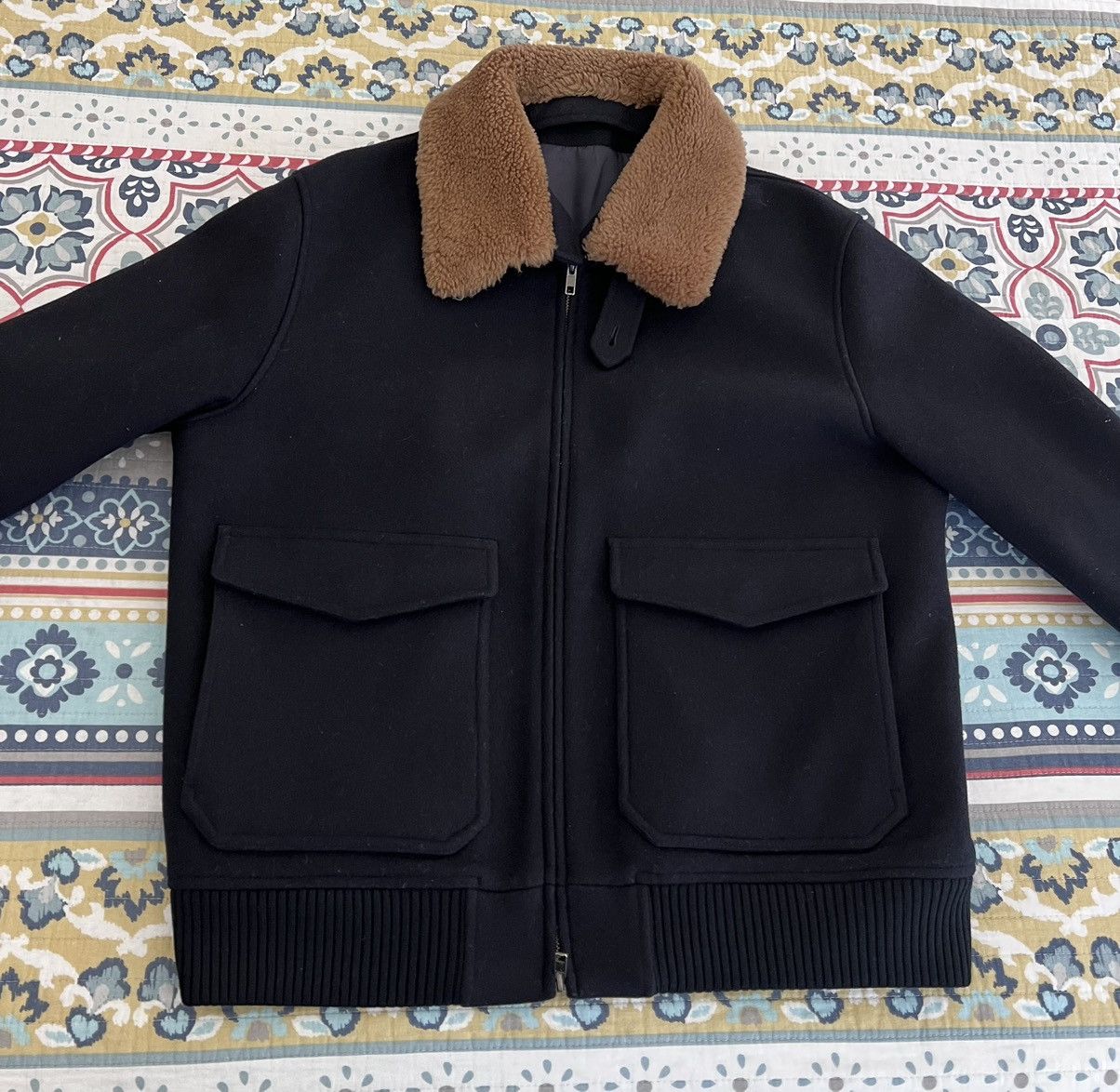 Suitsupply Suitsupply Navy Wool Bomber Jacket XL Shearling Collar | Grailed