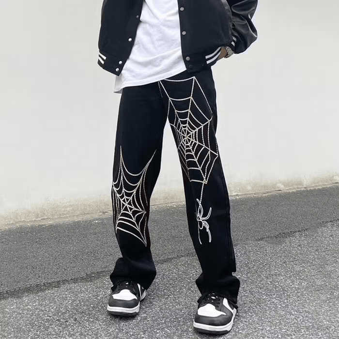 Streetwear Black Embroidery Spider Web Straight Casual Jeans | Grailed