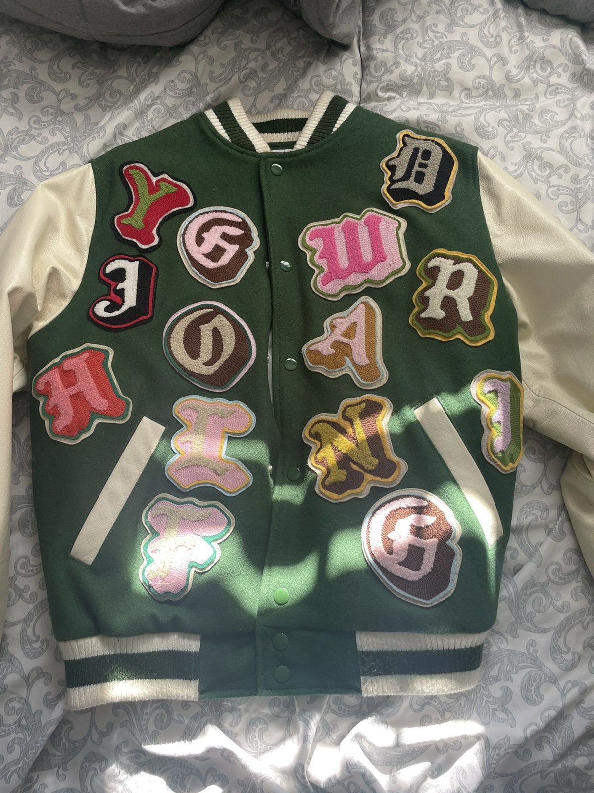 Golf Wang × Tyler The Creator Golf Wang Green Patchwork Varsity Jacket | Grailed