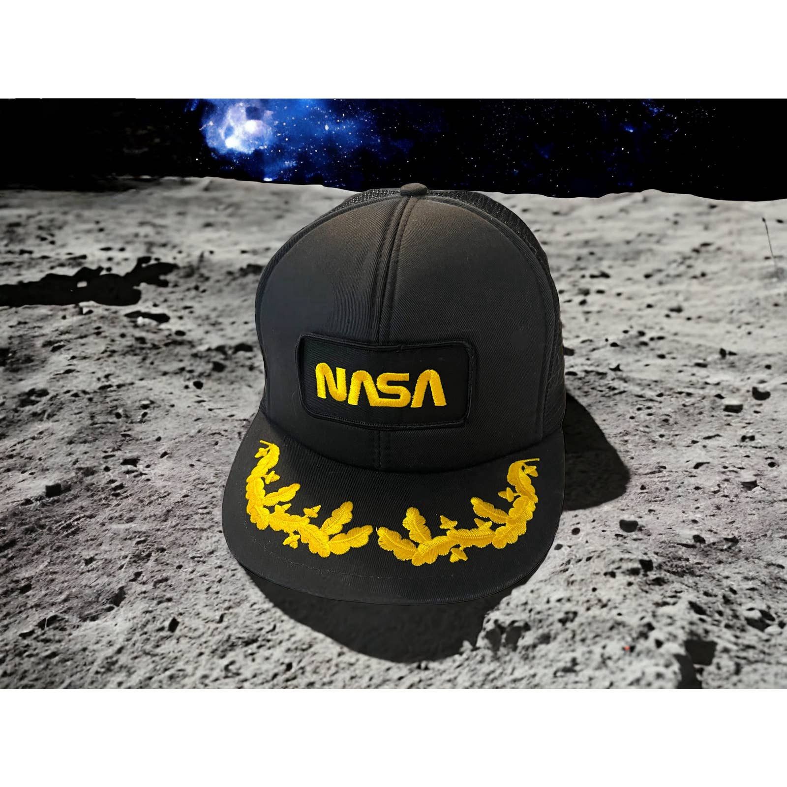 Space Craft NASA spaceport black and gold trucker hat scrambled eggs ...