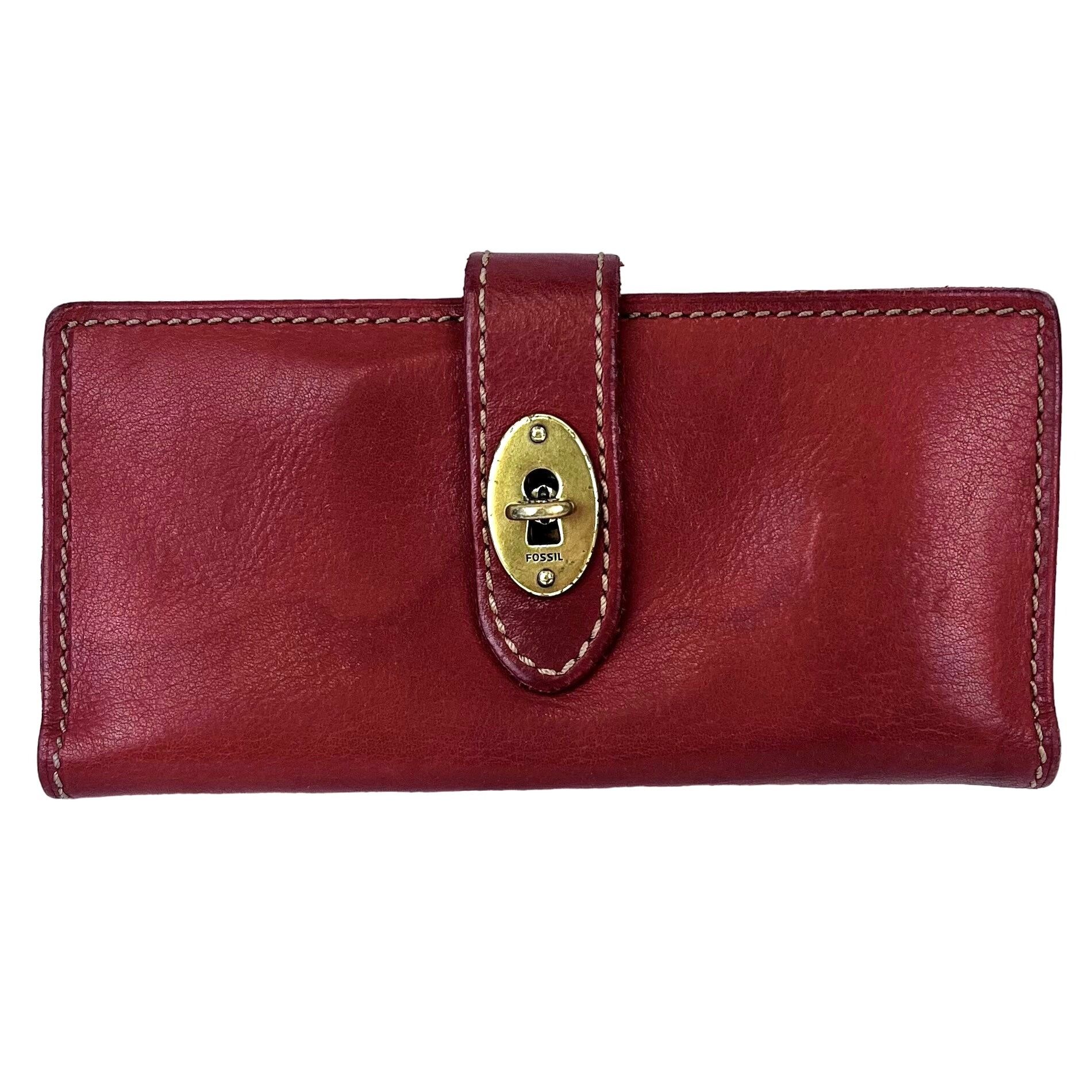 Fossil Fossil Womens Oxblood Red Leather Wallet With Gold Turn Lock ...