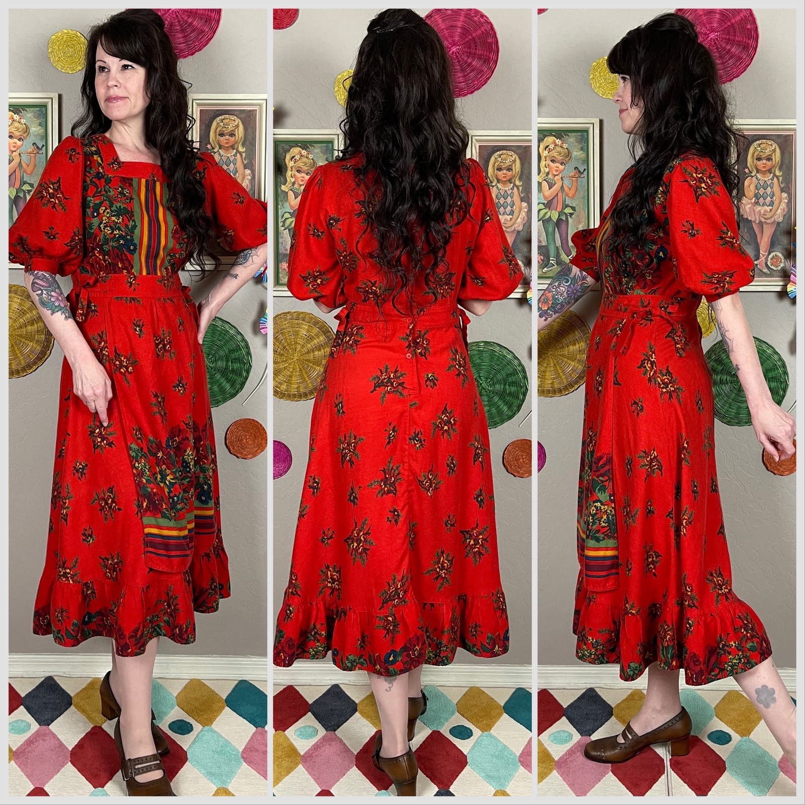 Vintage 1970s Red Floral Short Sleeve Provencal Peasant Midi Dress ...