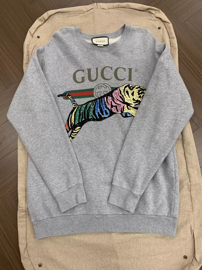 Gucci Gucci Logo letter tiger pattern sequin gray long-sleeved sw | Grailed