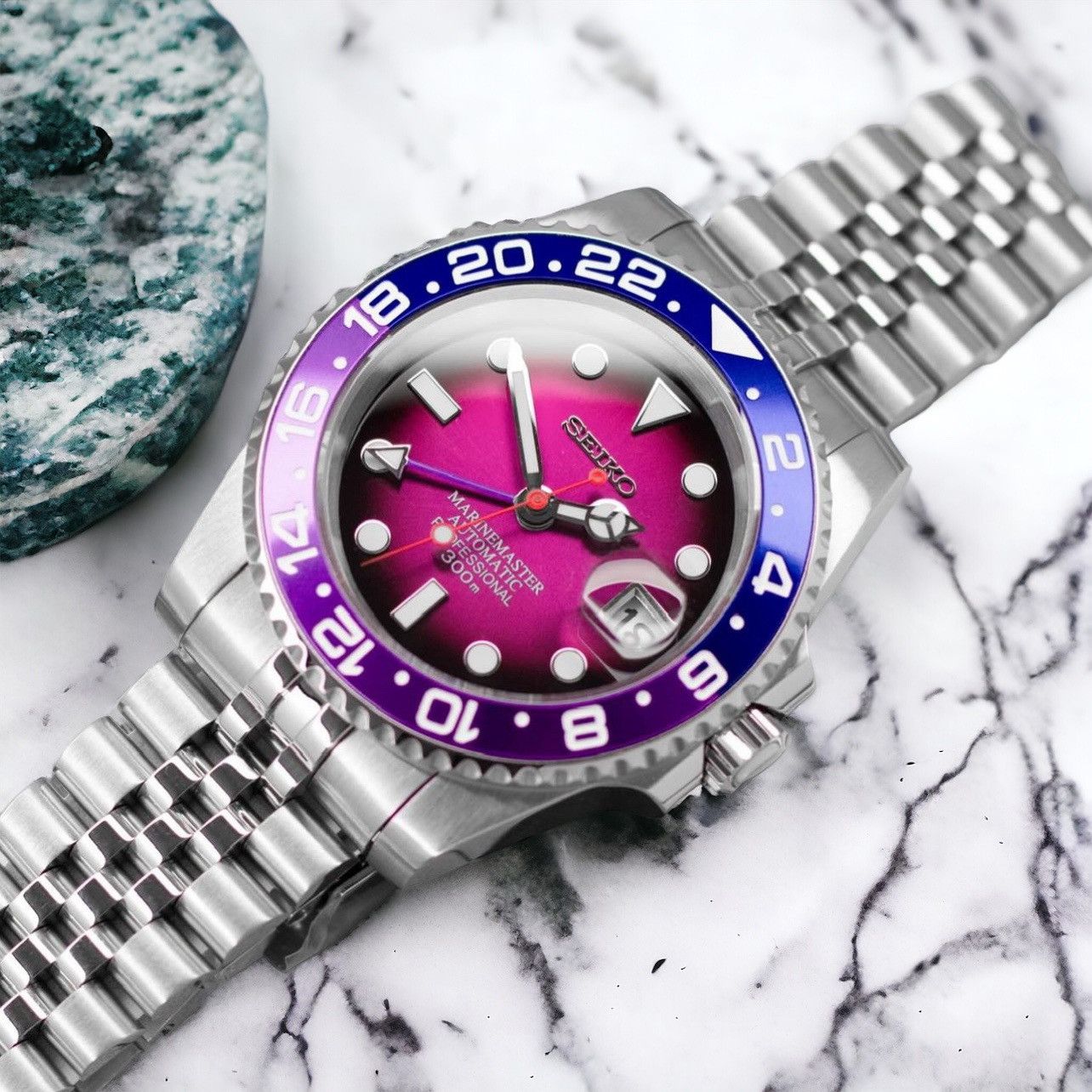 Japanese Brand × Seiko Seiko Mod GMT Master 2 Blue Pink Dial Jubilee ...