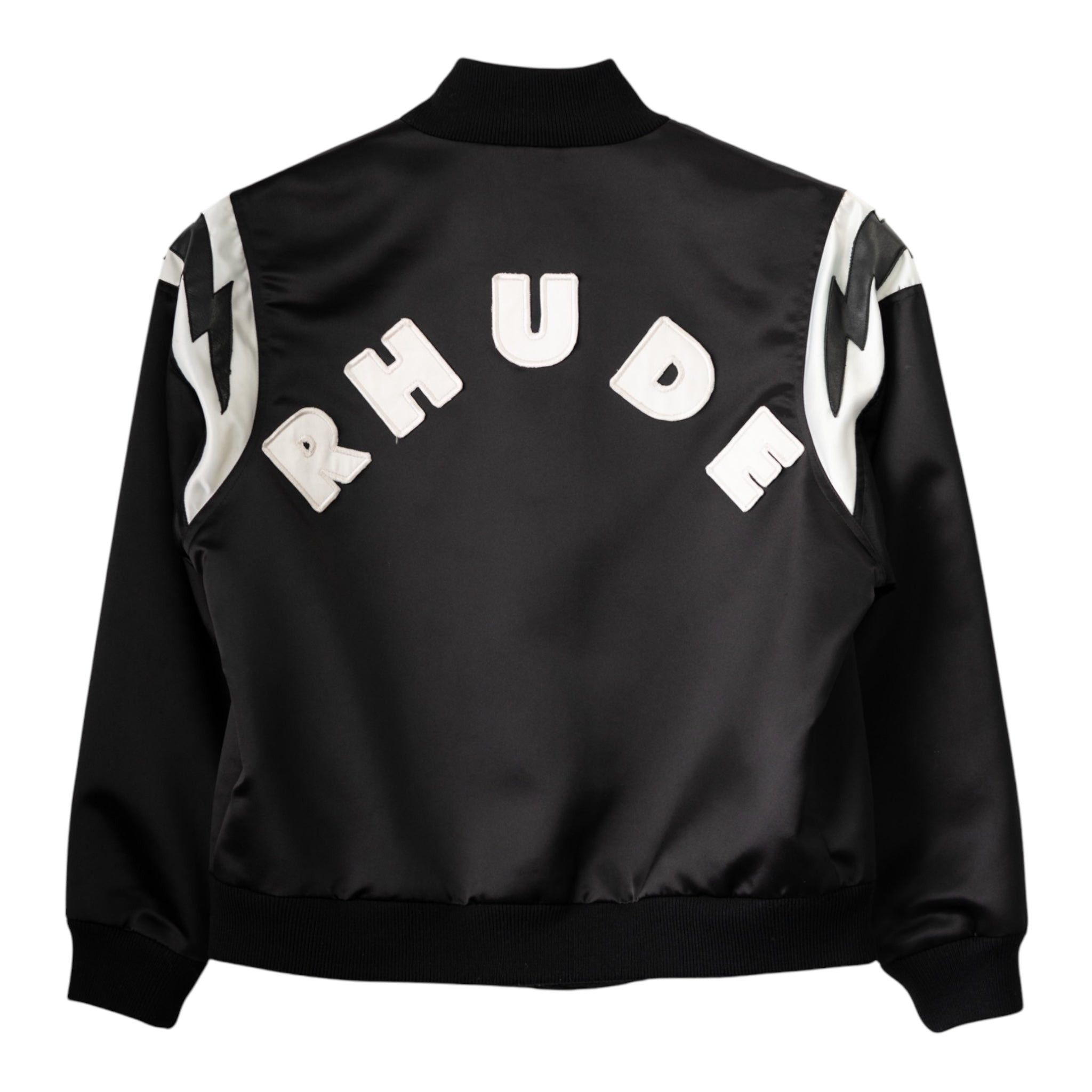 Rhude Lightning Logo Satin Bomber Jacket Black White | Grailed