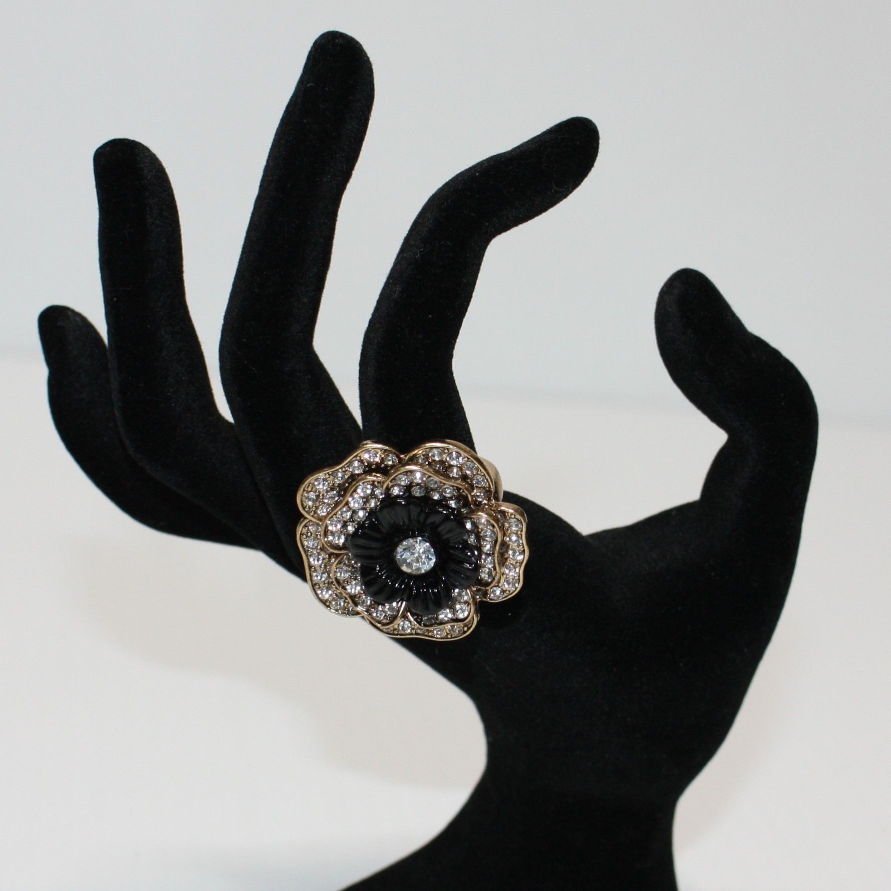 Forever 21 Rhinestone Black & Gold Tone Statement Flower Ring size 6 ...