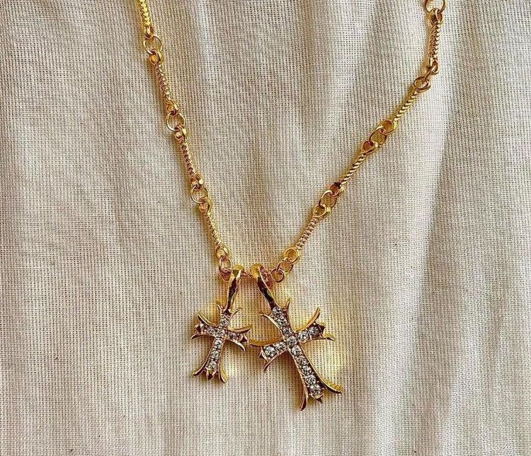 Chain y2k style Double Cross Gold Necklace | Grailed