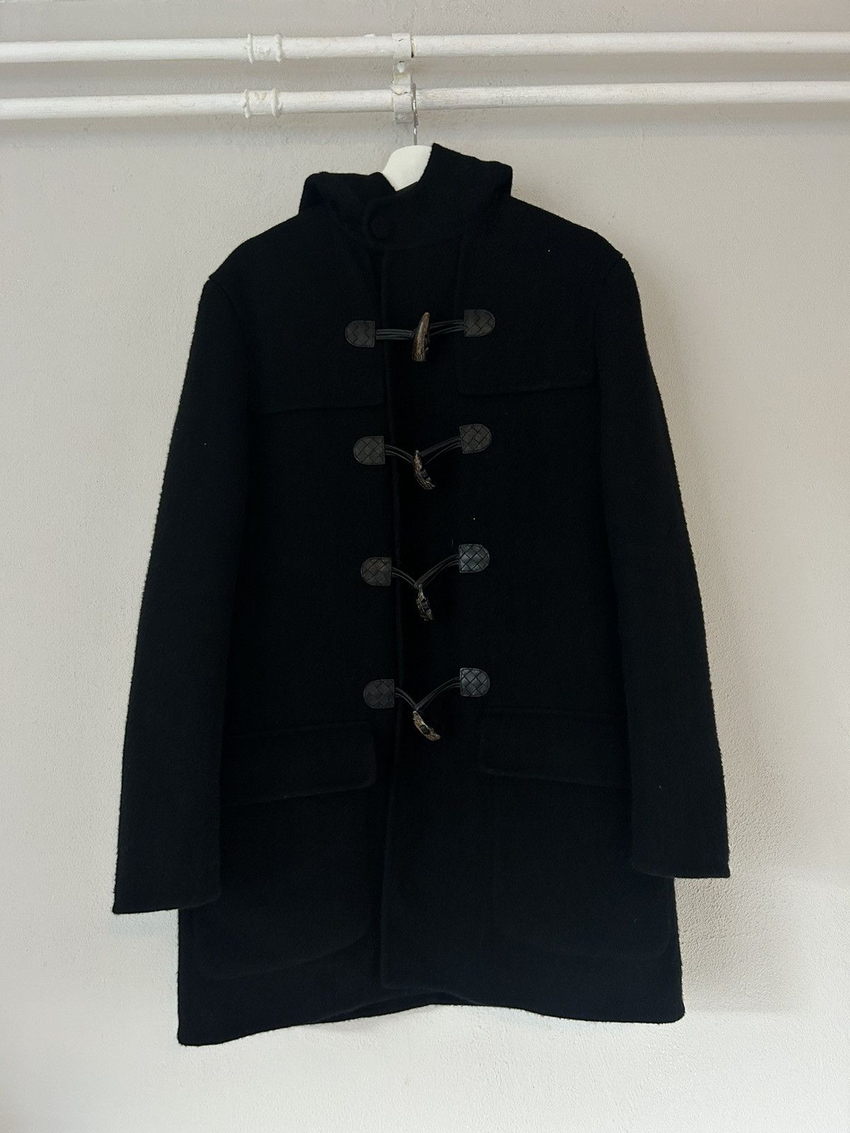 Bottega Veneta Black Wool Duffle Coat with Toggle Closures and Hood ...