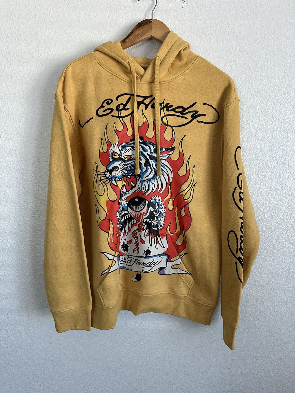 Vintage Ed Hardy Golden Fire Flames Tiger Eye Fleece Hoodie | Grailed
