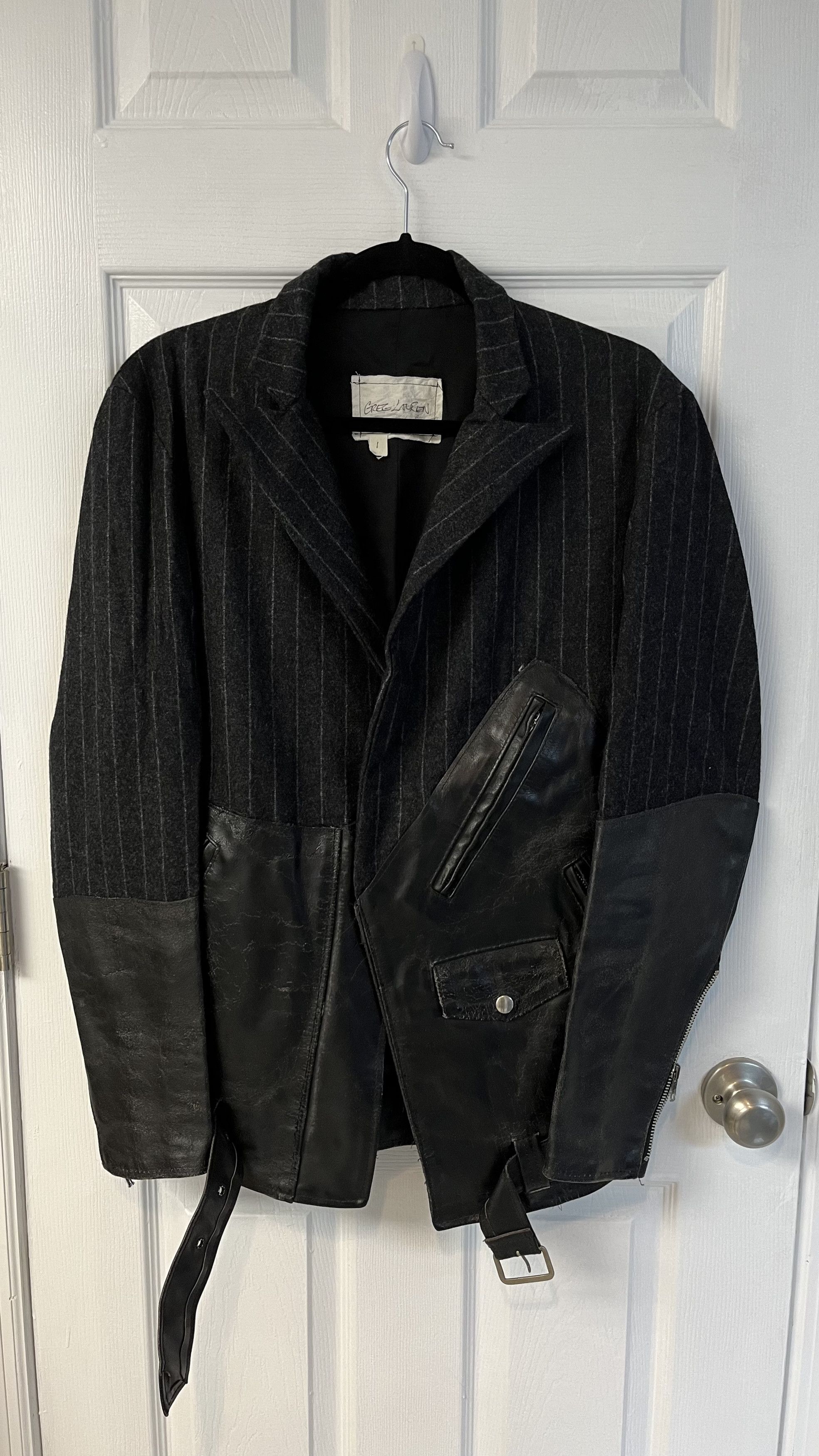 Greg Lauren Greg Lauren 50/50 Charcoal Chalkstripe Leather Blazer | Grailed