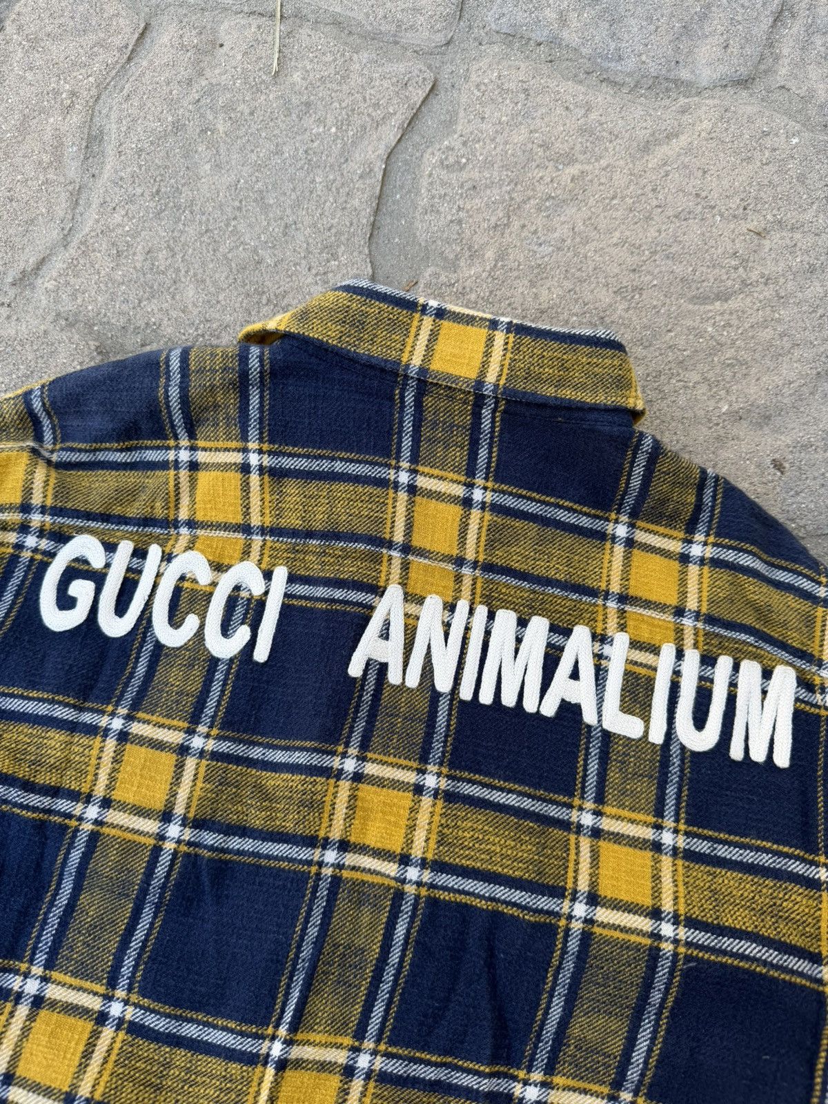 Gucci Gucci Animalium Wolf Embroidered Plaid Shirt (Navy/Yellow) | Grailed