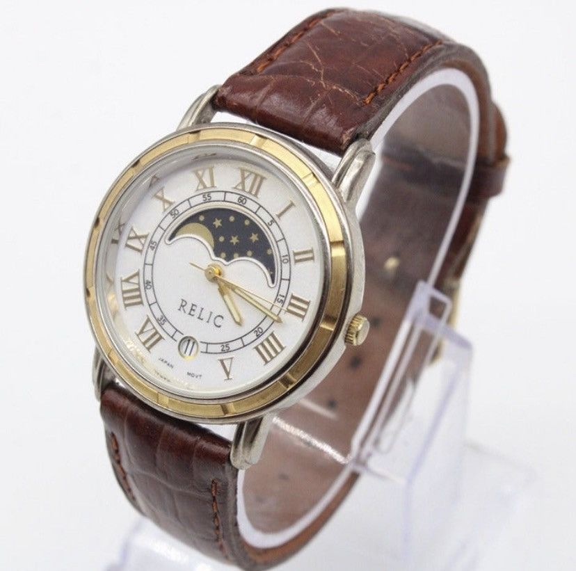 Relic × Streetwear × Vintage VTG RELIC GOLD MOONPHASE WATCH | Grailed