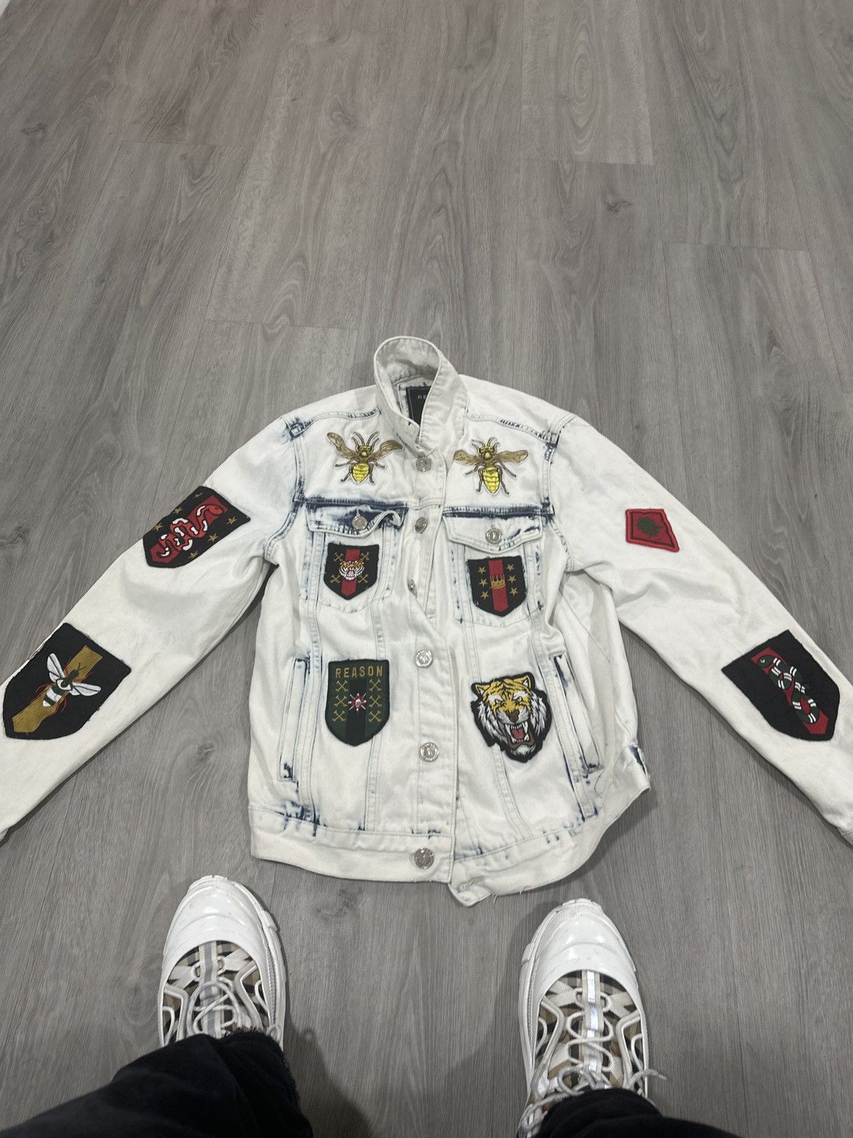 Streetwear × Vintage reason white tiger denim jacket with patches | Grailed