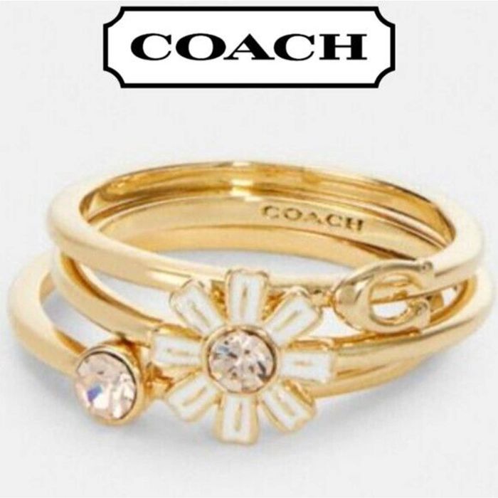 Coach Coach Daisy Stackable Rings Set 3 Yellow Gold Pink Crystal 6 ...